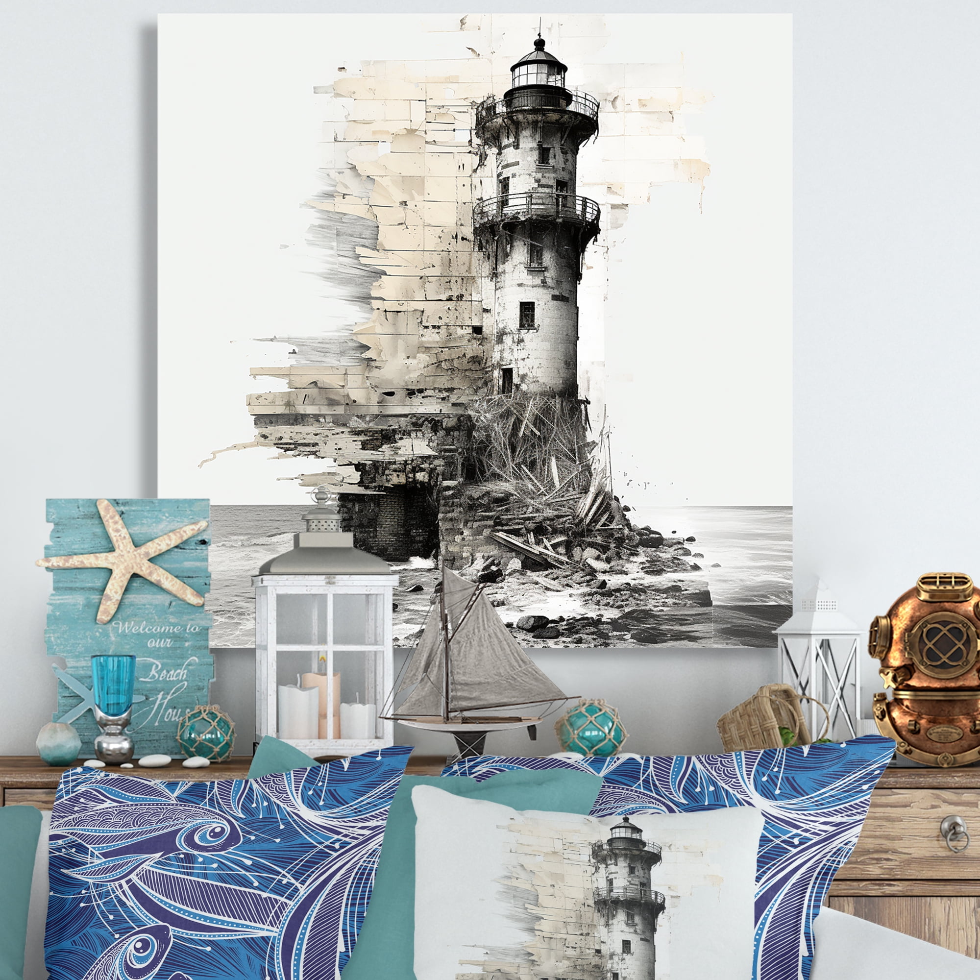 Designart "Enigmatic Monochrome Beacon I" Coastal Canvas Wall Art ...