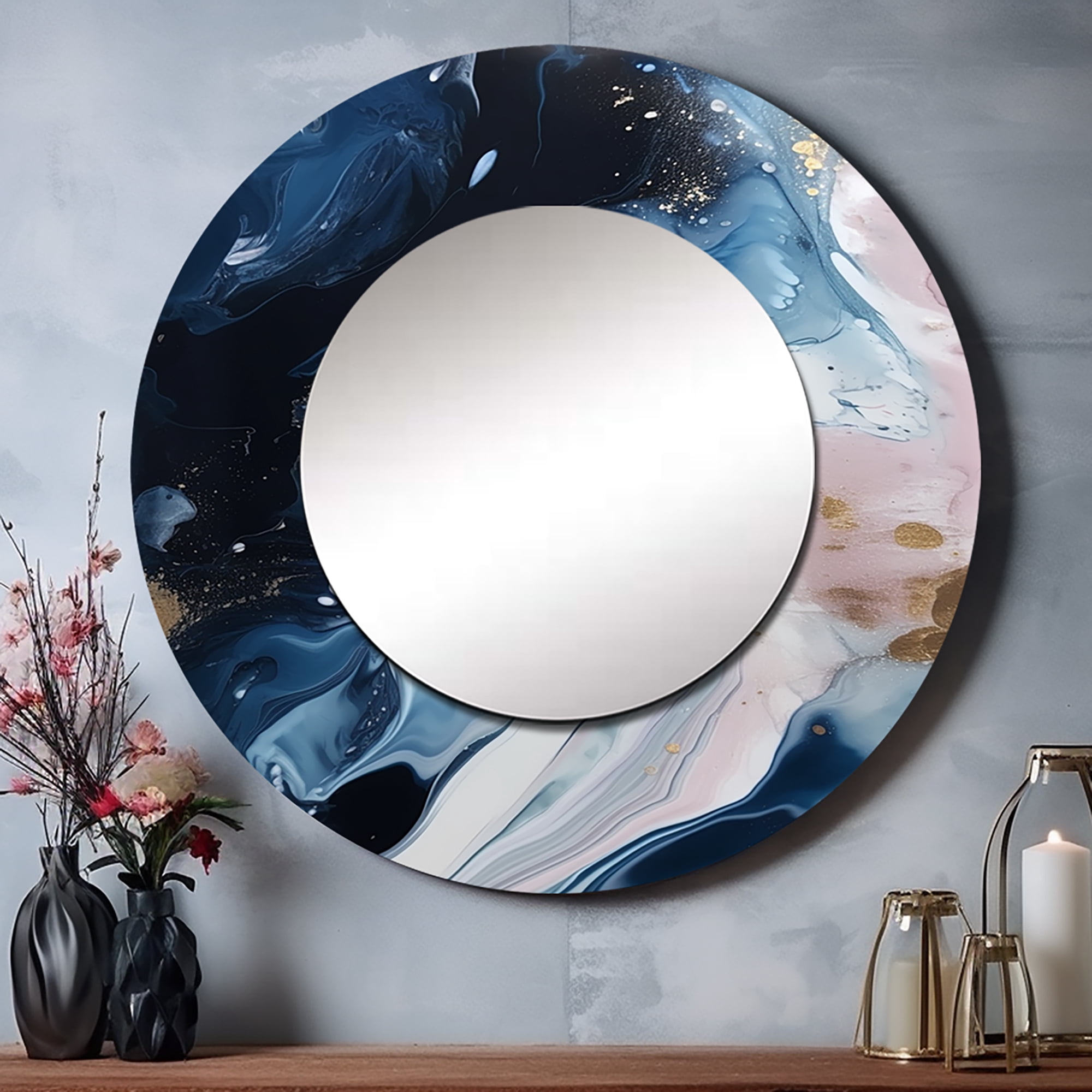 Designart "Enigmatic Stones Blue and White I" Abstract Marble Rund ...