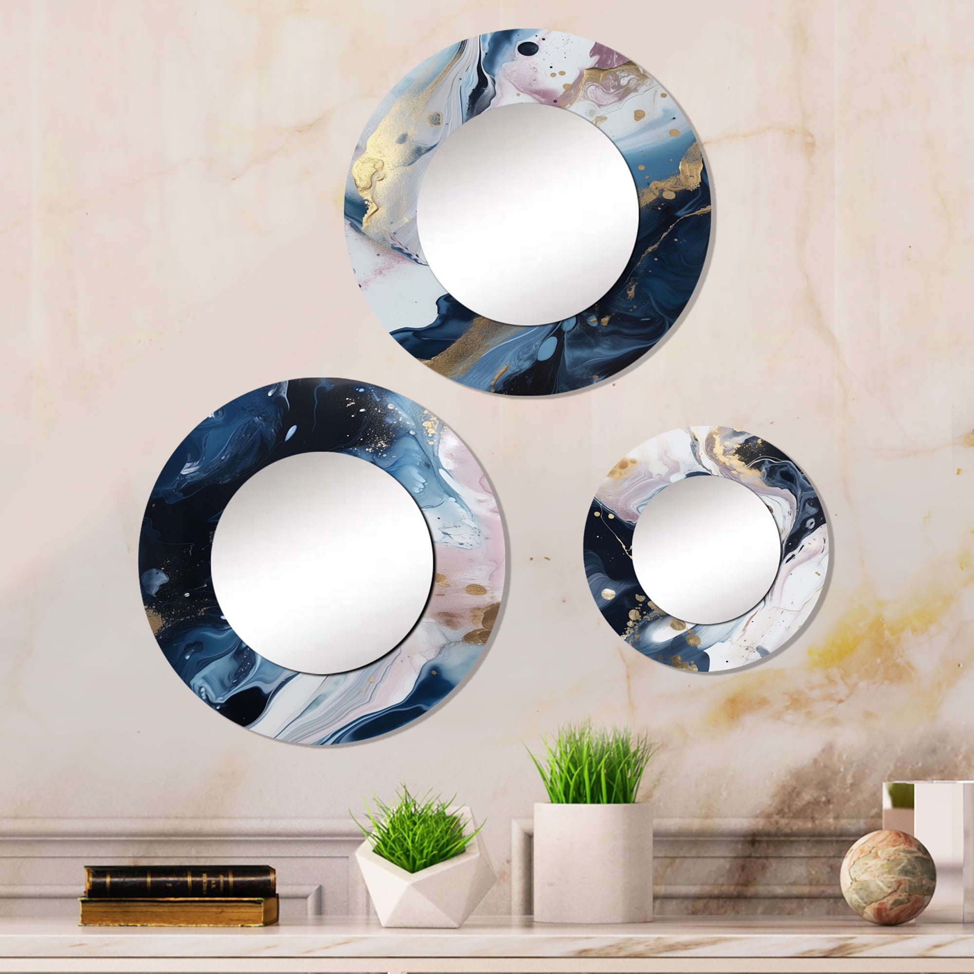 Designart "Enigmatic Stones Blue and White III" Abstract Marble Round ...