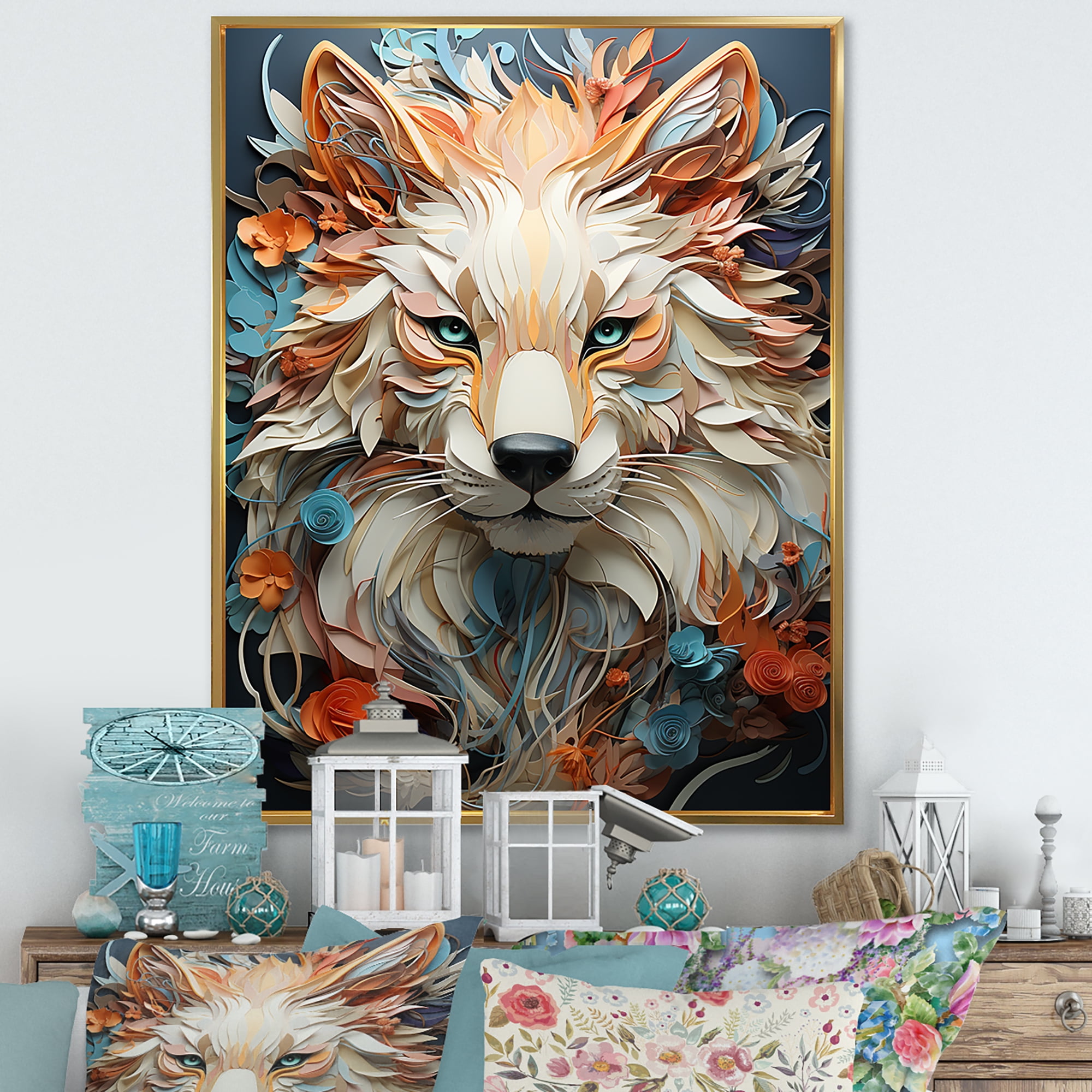 Designart "Enigmatic Wolf Depiction" Animals Wolf Floater Framed Wall ...