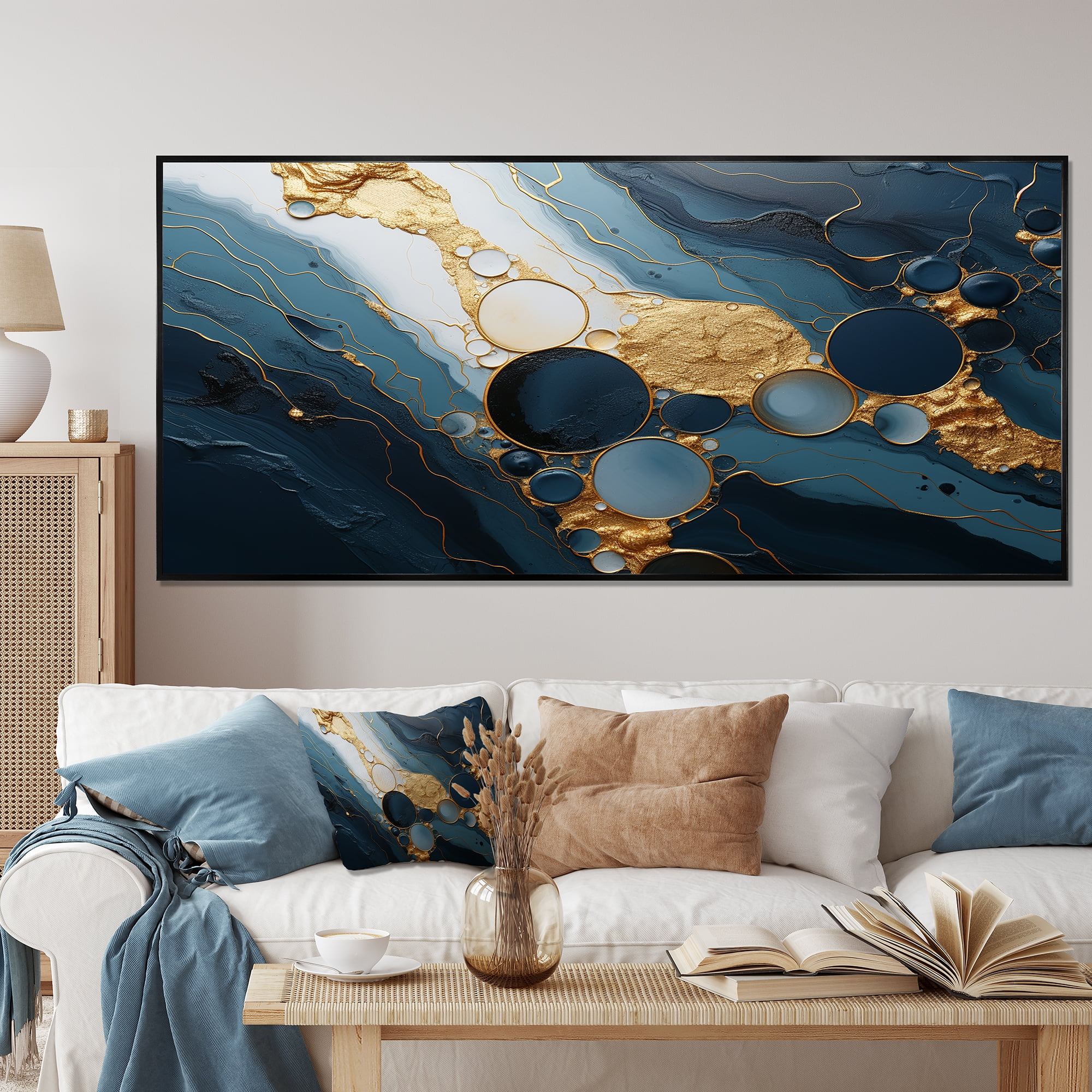 Designart "Essence Magic Gold and Blue Marble III" Extra Large Abstract ...