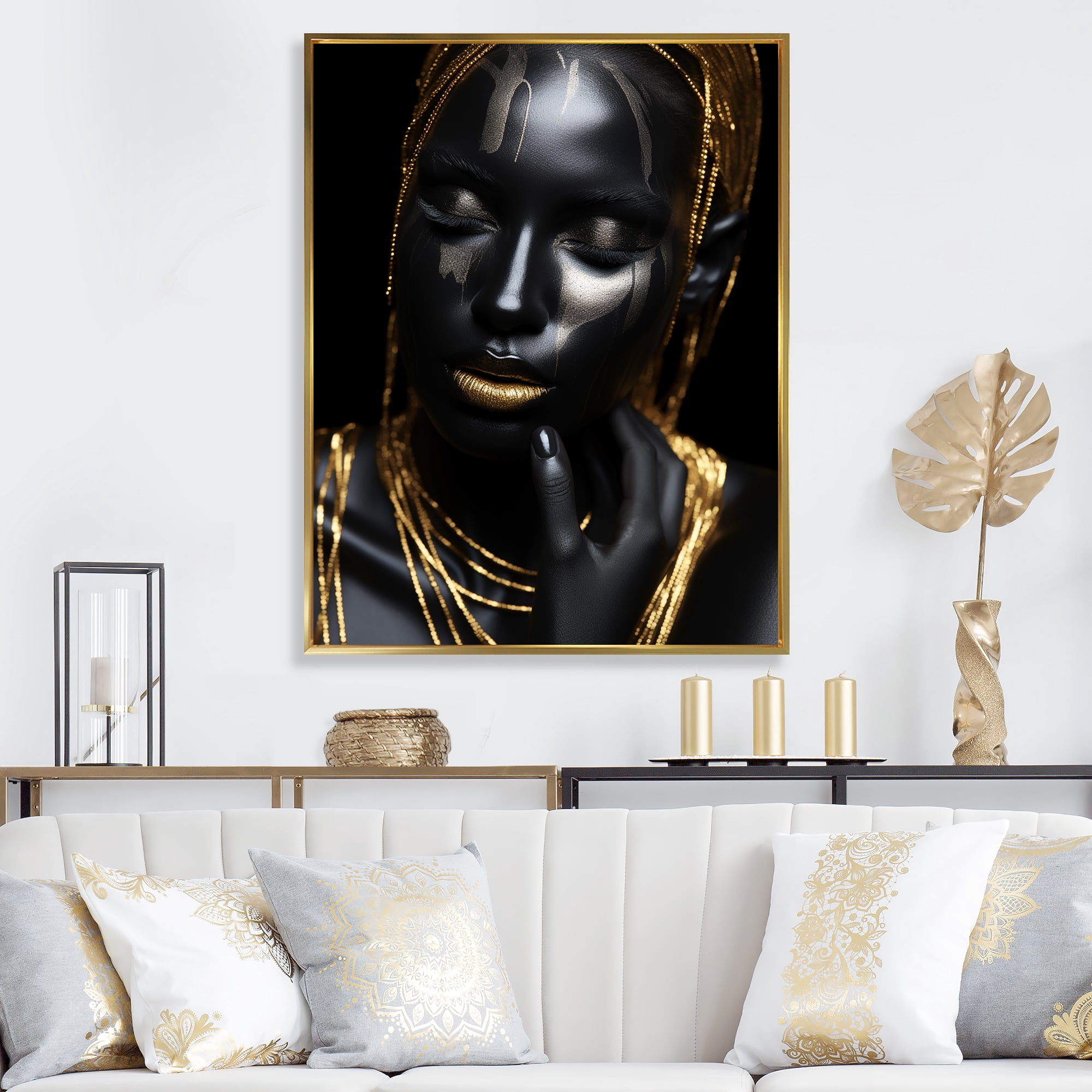 Designart "Essence of Femininity Black and Gold Portrait IV" Fashion ...