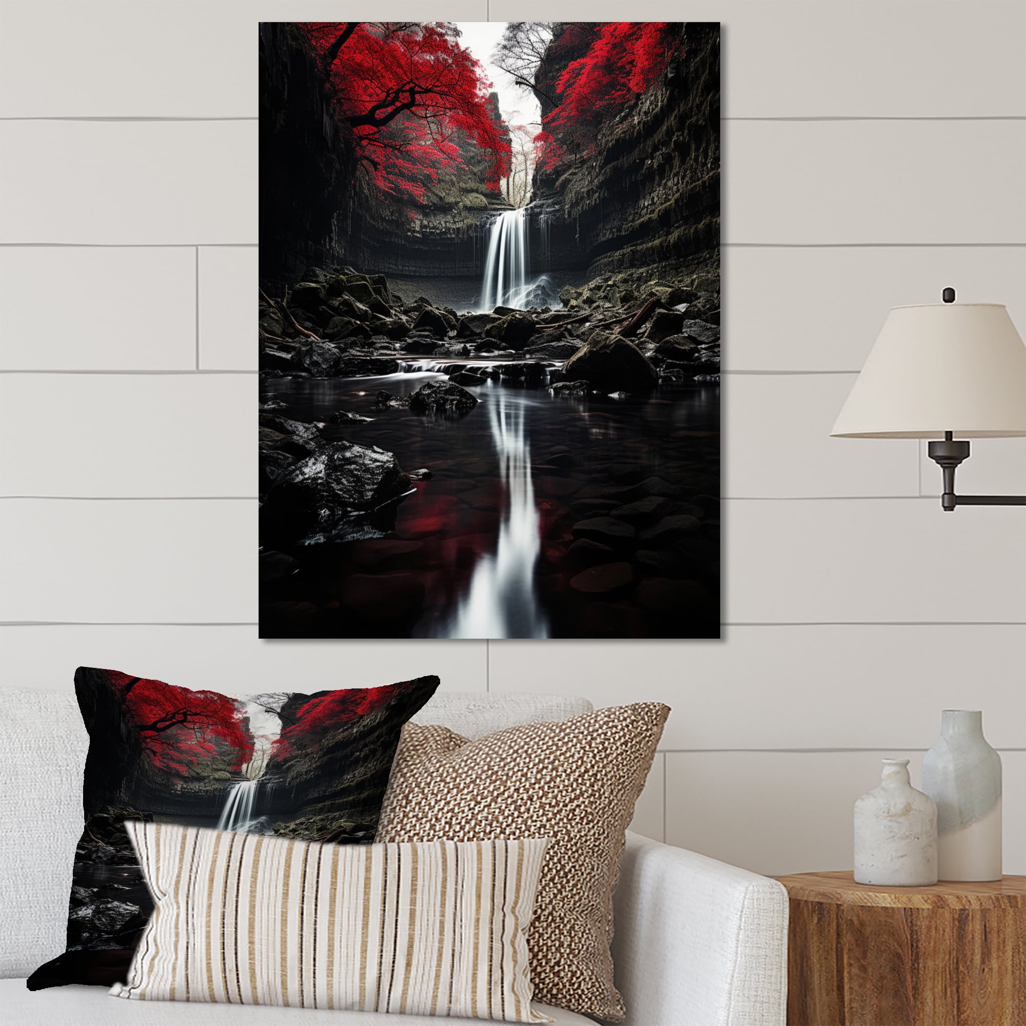 Designart "Eternity in Grey and Red Waterfall II" Landscapes Metal Wall ...