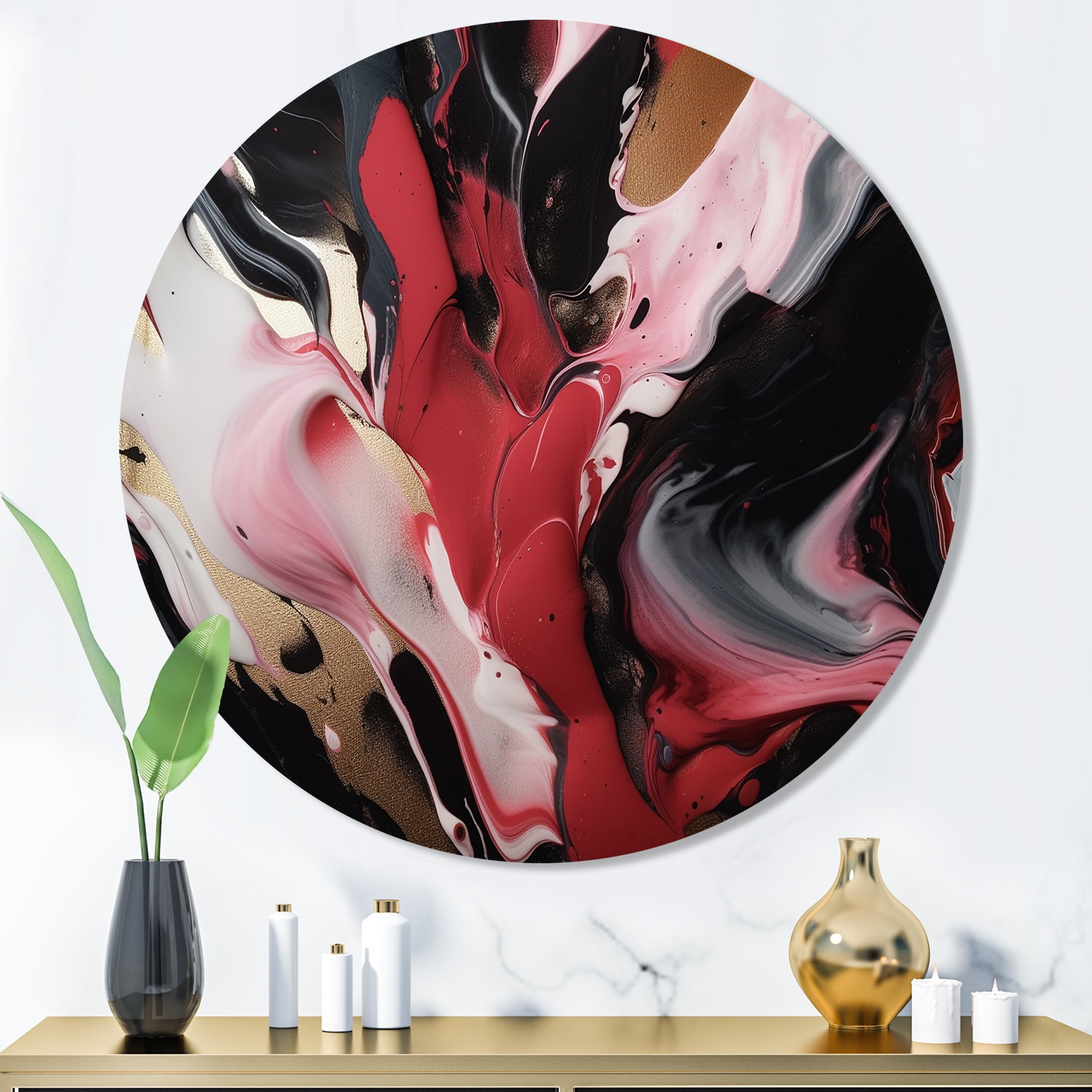Designart "Ethereal Agate in Red and Black" Abstract Marble Metal Round ...