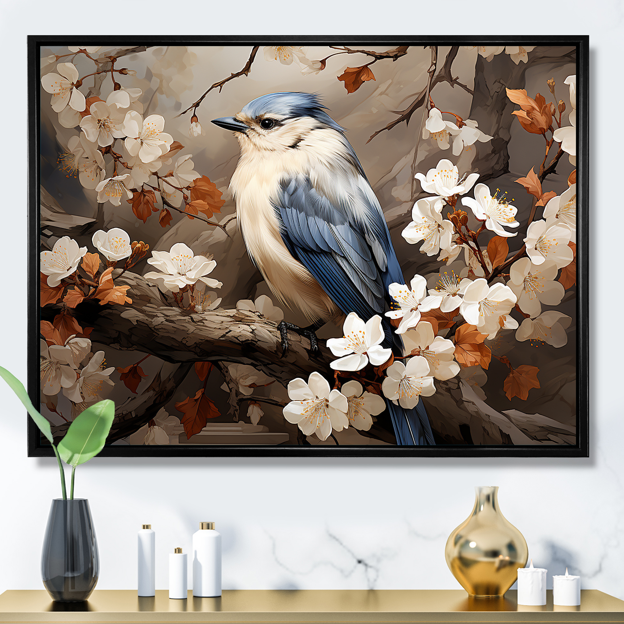 Designart "Ethereal Bird in Blue Florals" Animals Framed Wall Art ...