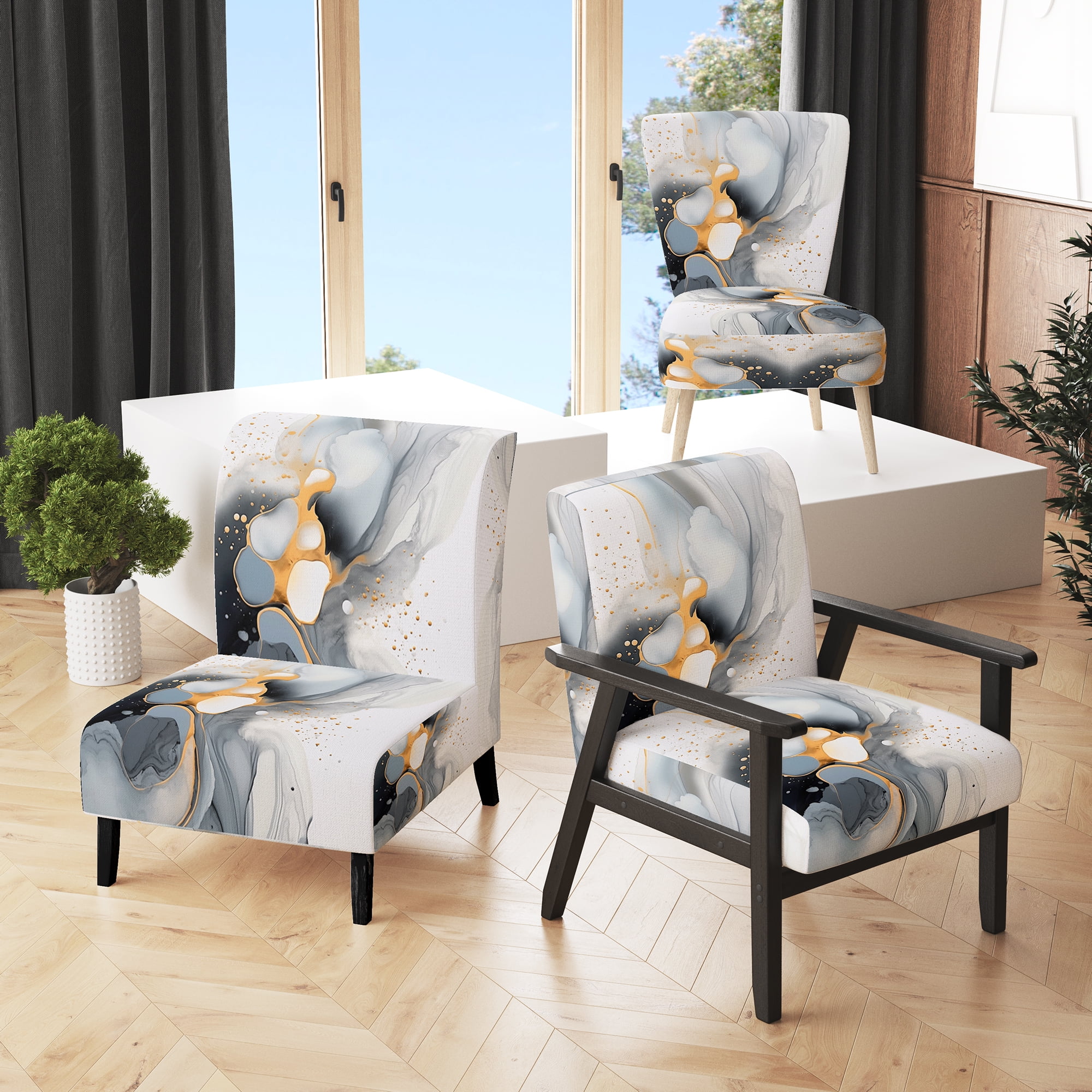 Designart "Ethereal Veins Grey Gold Harmony" Grey Abstract Upholstered ...