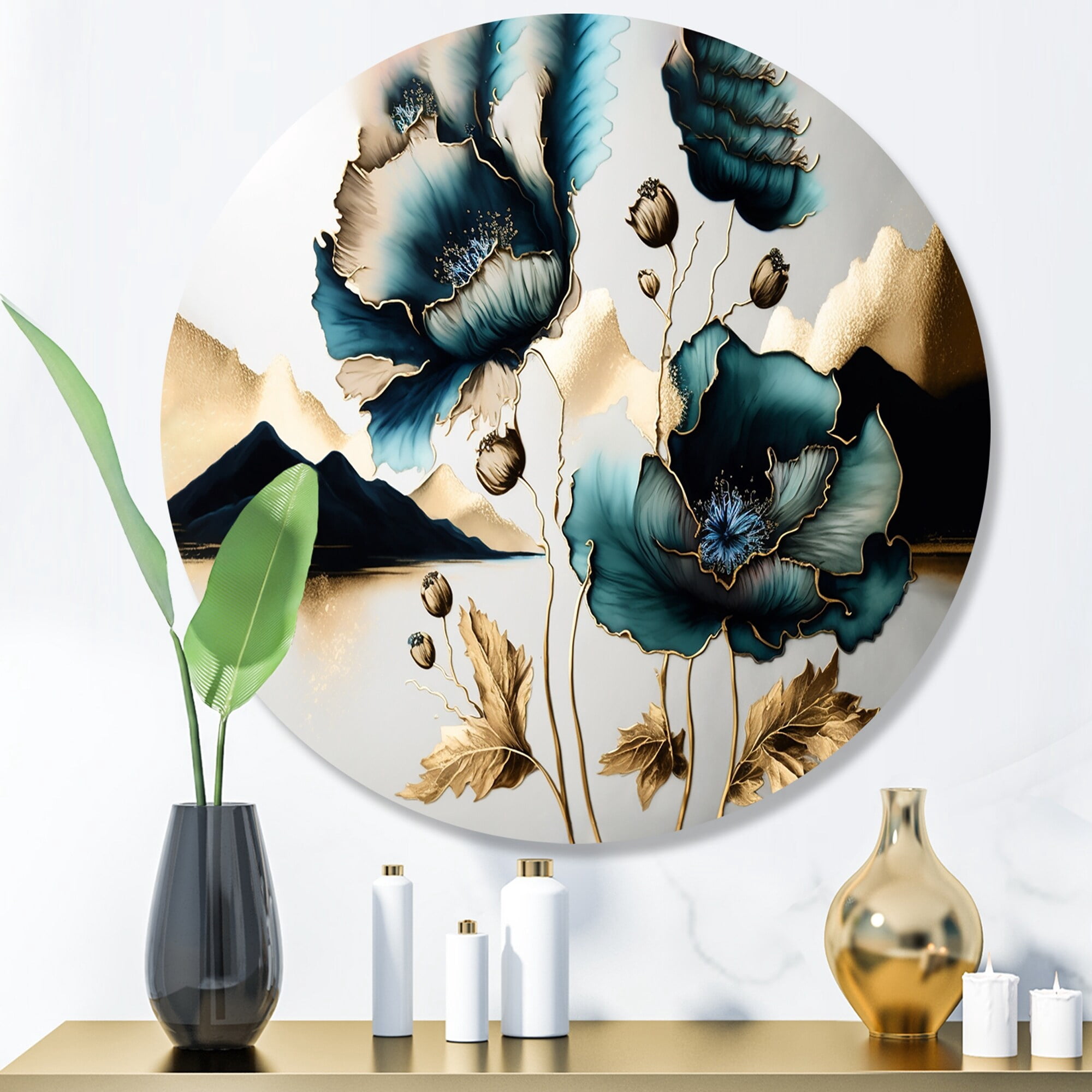 Designart "Euphoric Poppy Floral in Gold and Blue" Floral Poppy Metal ...