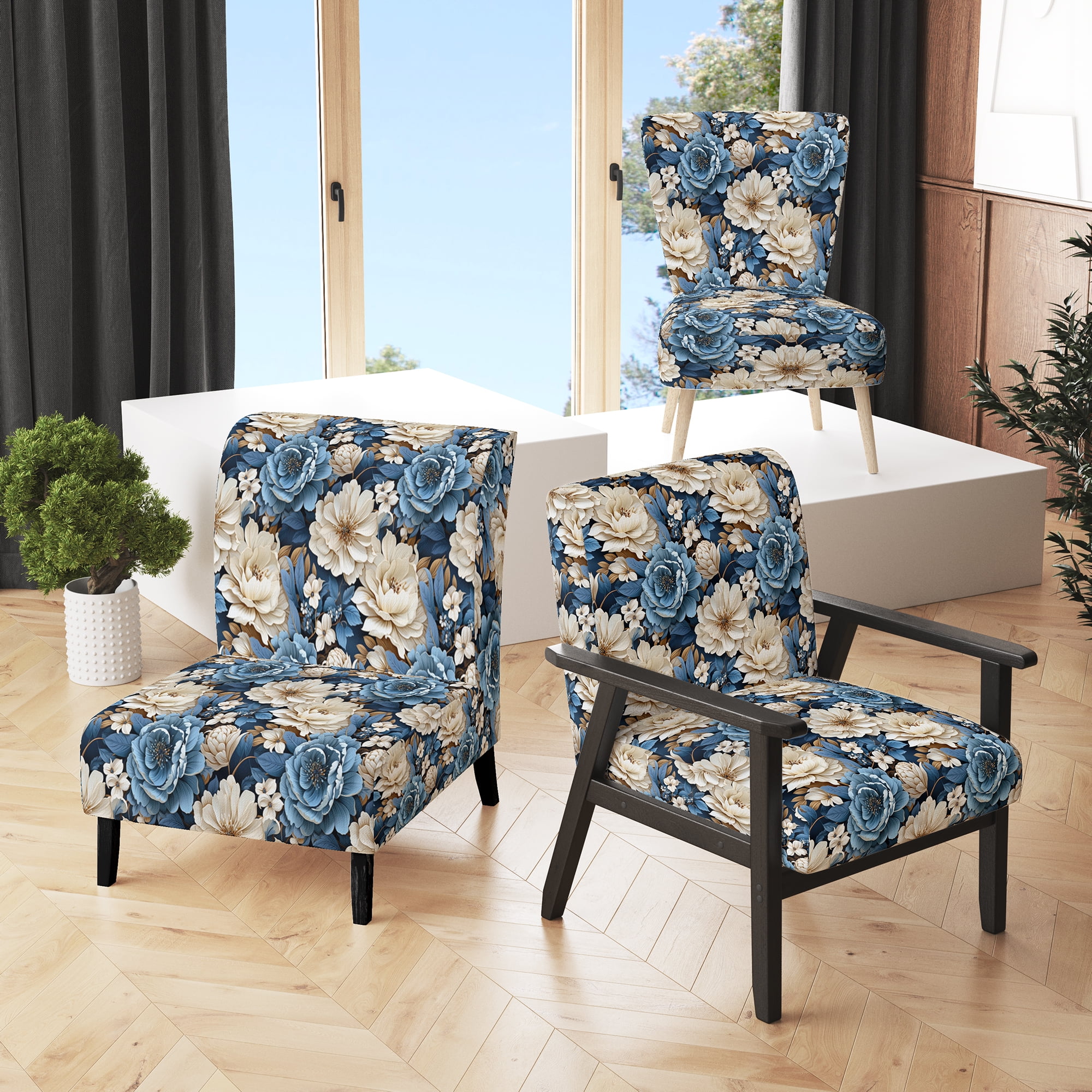 Designart "Exotic Blue White Floral Tapestry I" Blue Floral Upholstered ...