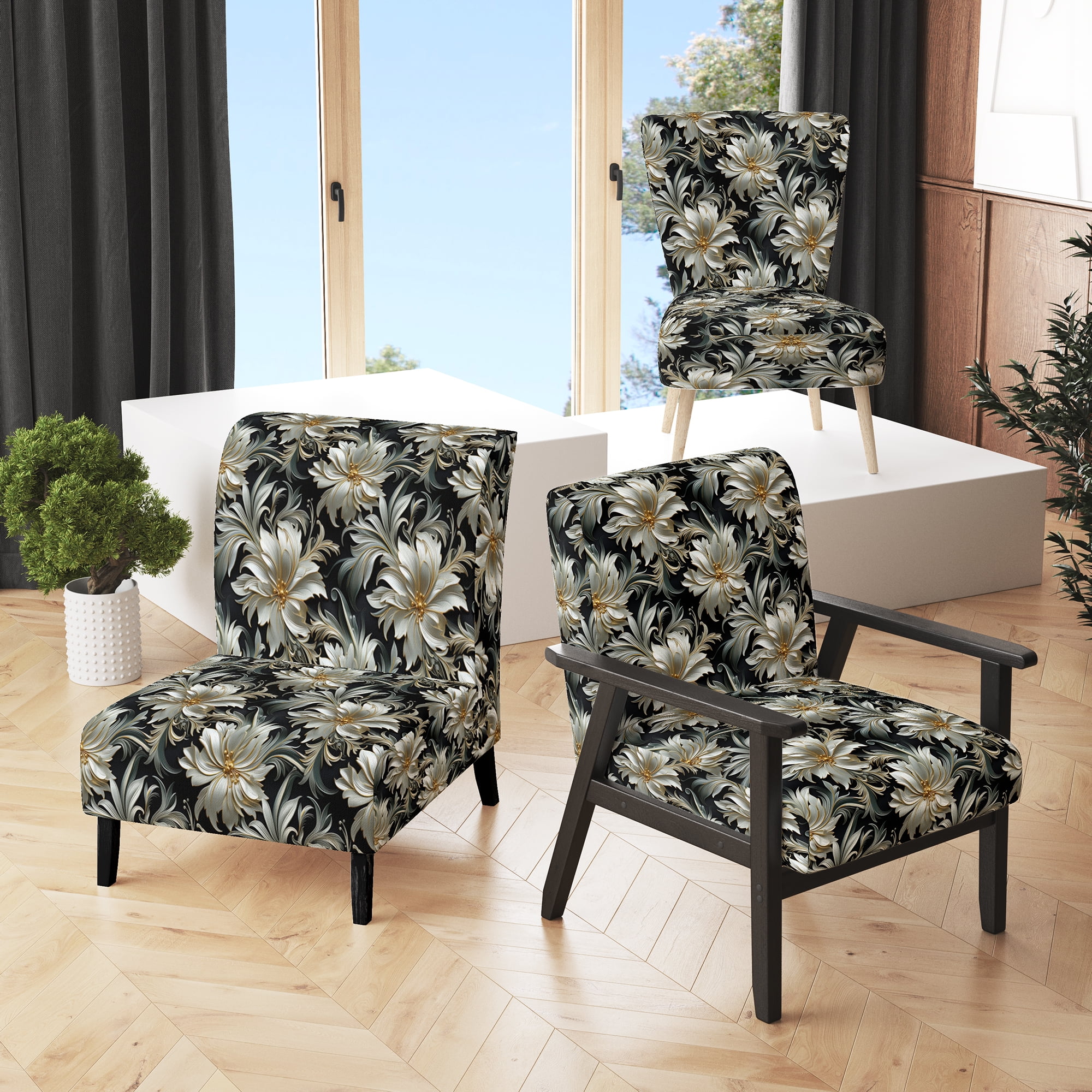 Designart "Exotic Floral Pattern In Grey And Black" White Floral ...