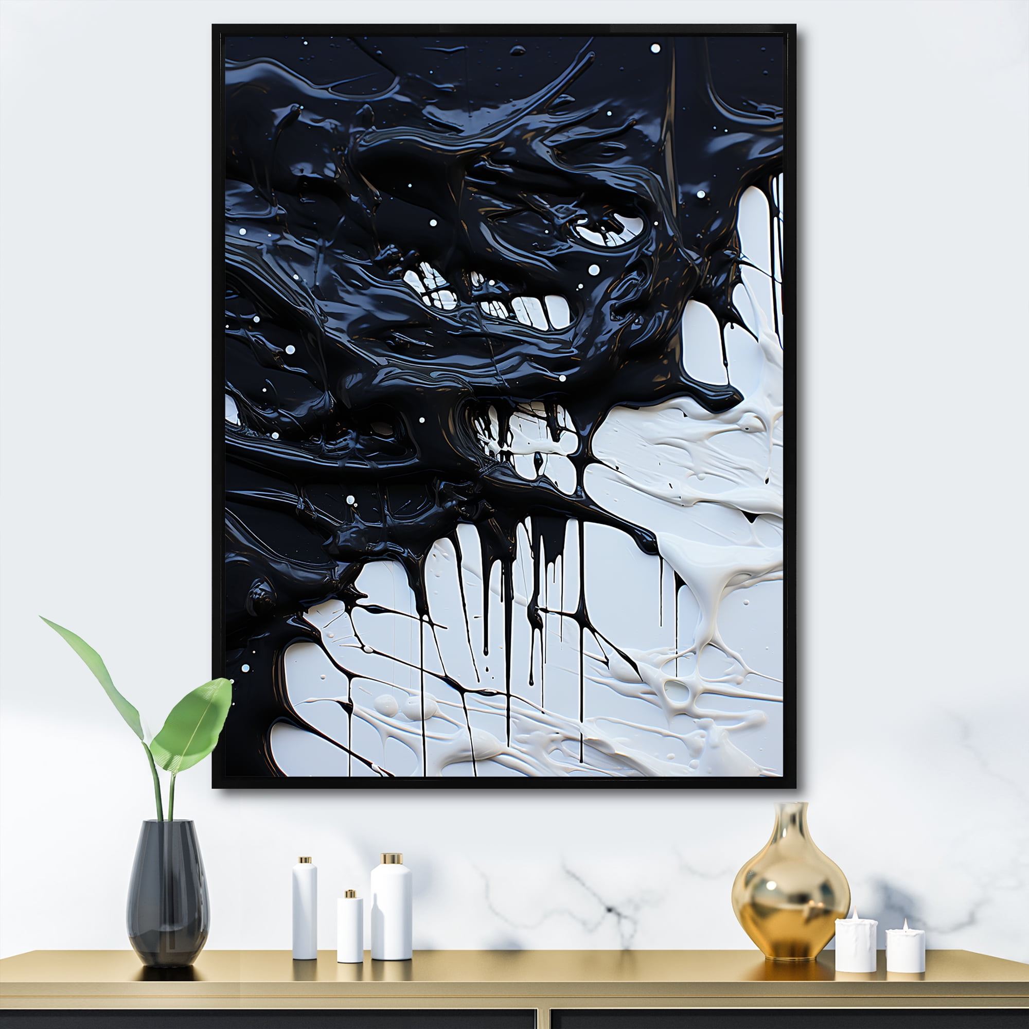 Designart "Explosion Of Black And White Ink" Drip Painting Floater ...