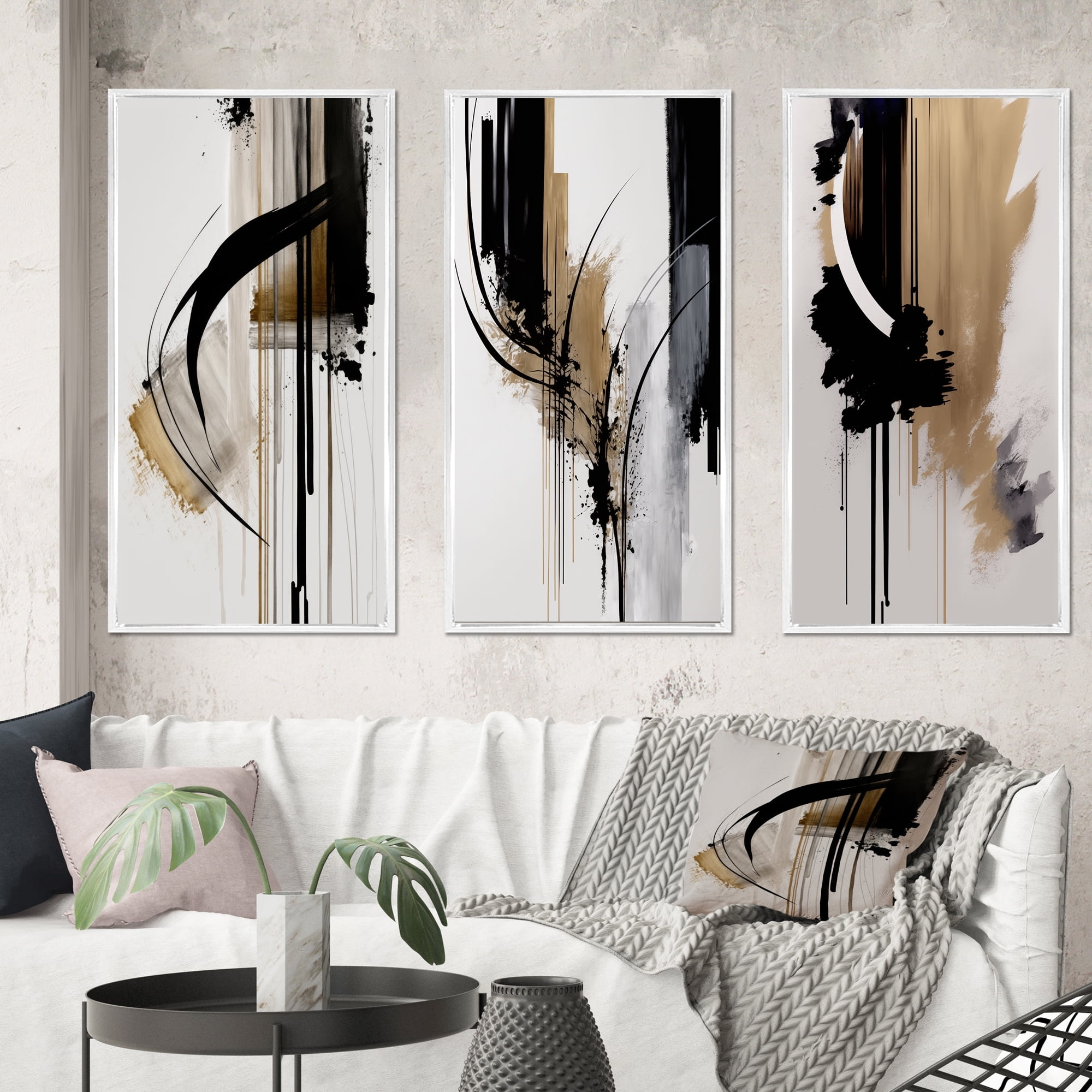 Designart "Expression in Black, White, and Gold I" Abstract Framed Wall ...