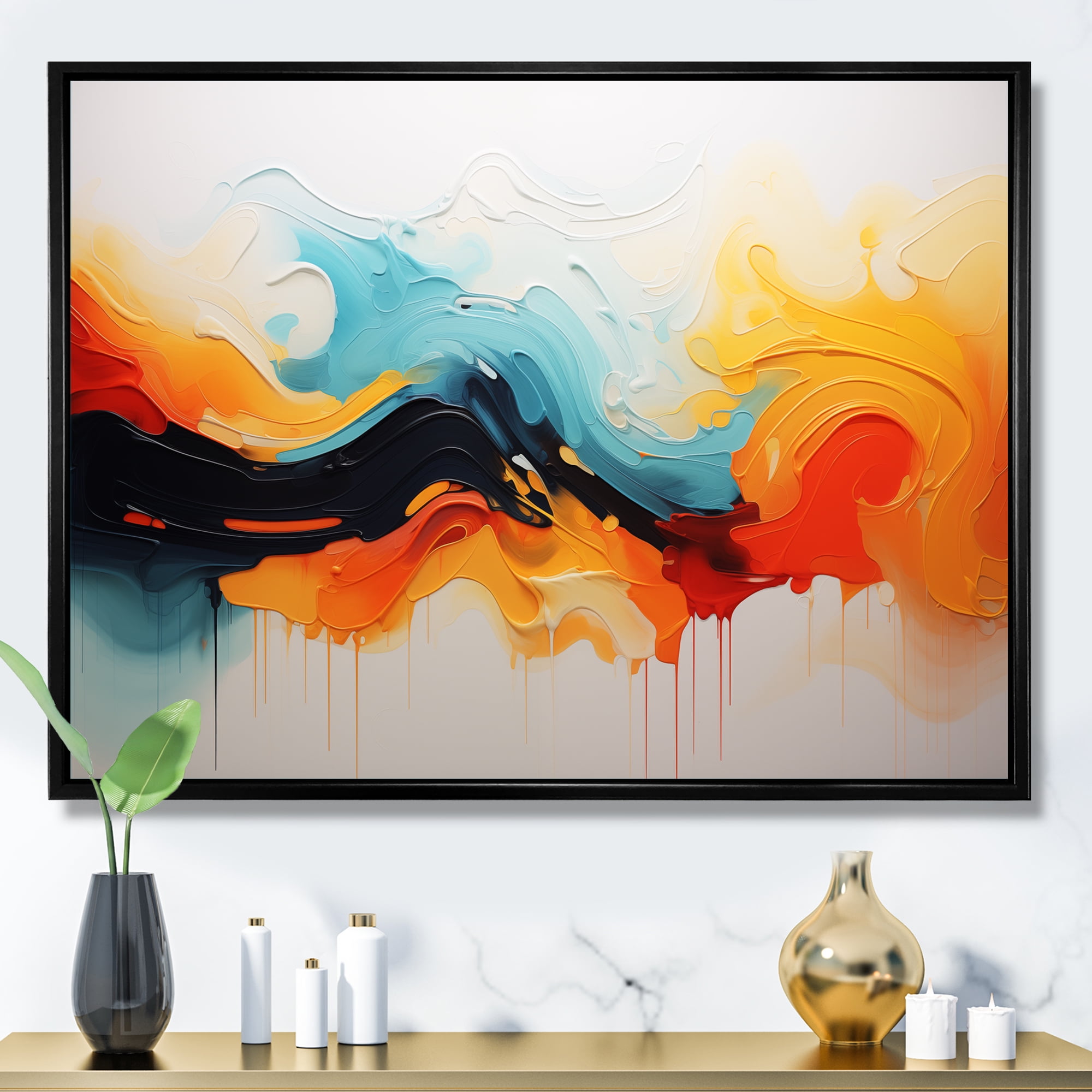 Designart "Expression of Yellow Fractal Paint Waves IV" Abstract Framed Wall Art - Modern Yellow ...