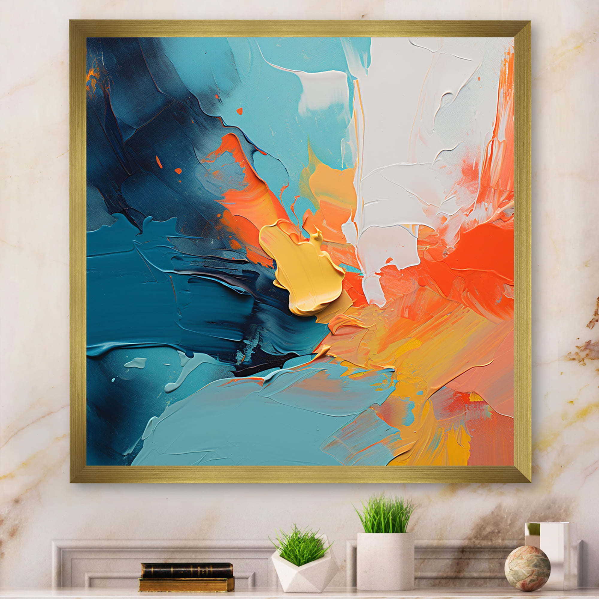 Designart "Expressionism in Colorful Abstract I" Abstract Framed Wall Art Decor - Modern Blue ...