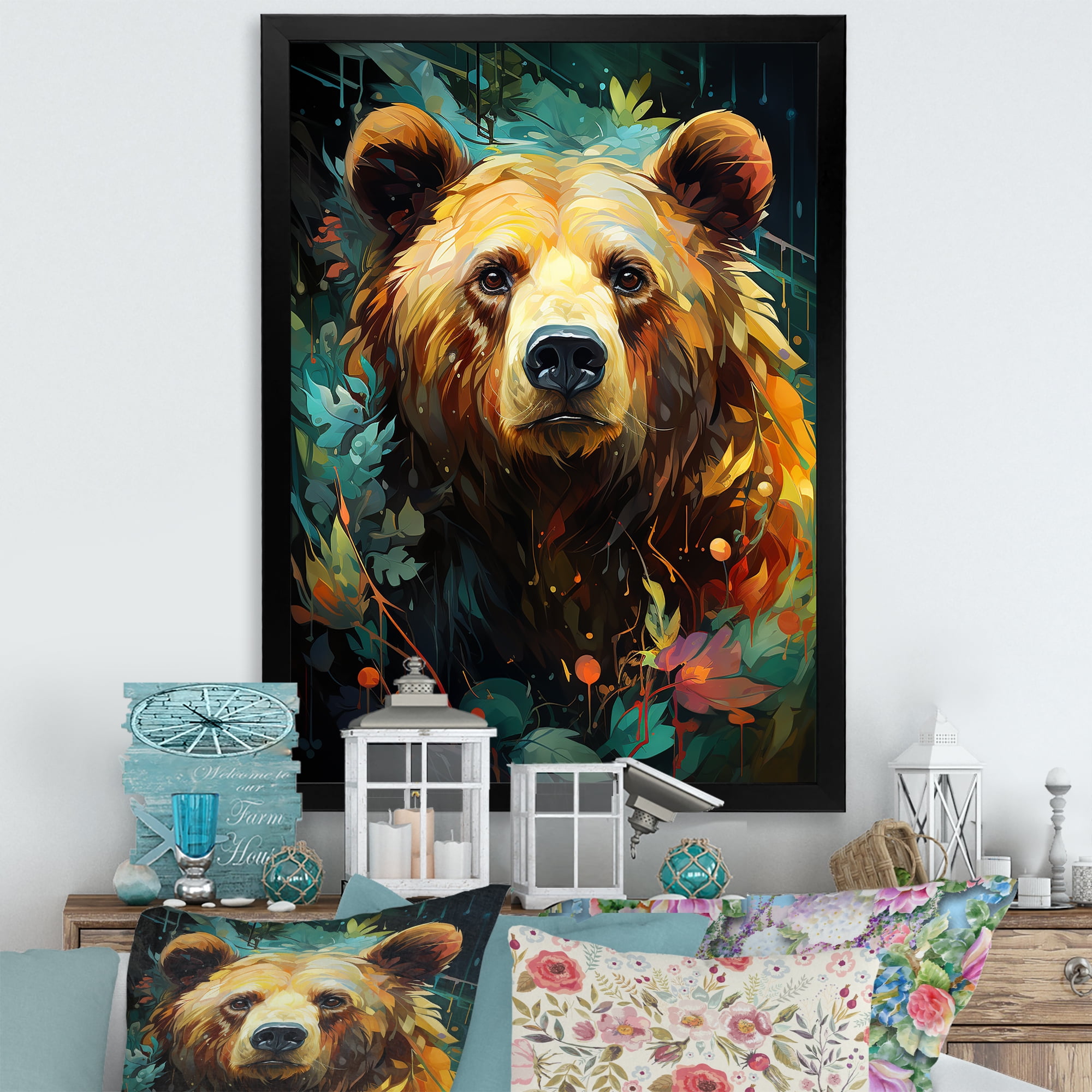 Designart "Expressionist Grizzly Bear Energy" Animals Bear Picture Framed Canvas Art Print ...