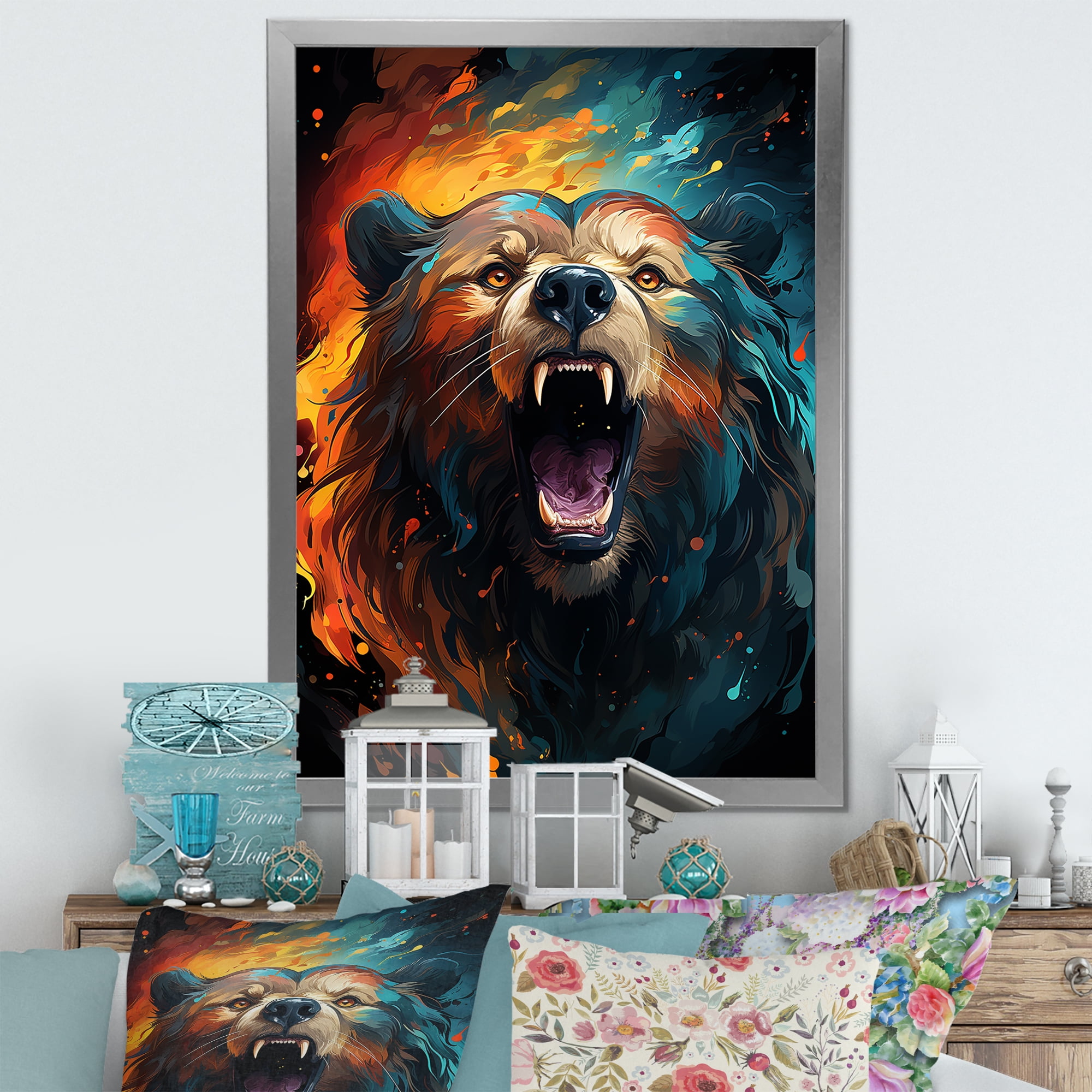 Designart "Expressionist Grizzly Bear Representation I" Animals Bear Picture Framed Canvas ...
