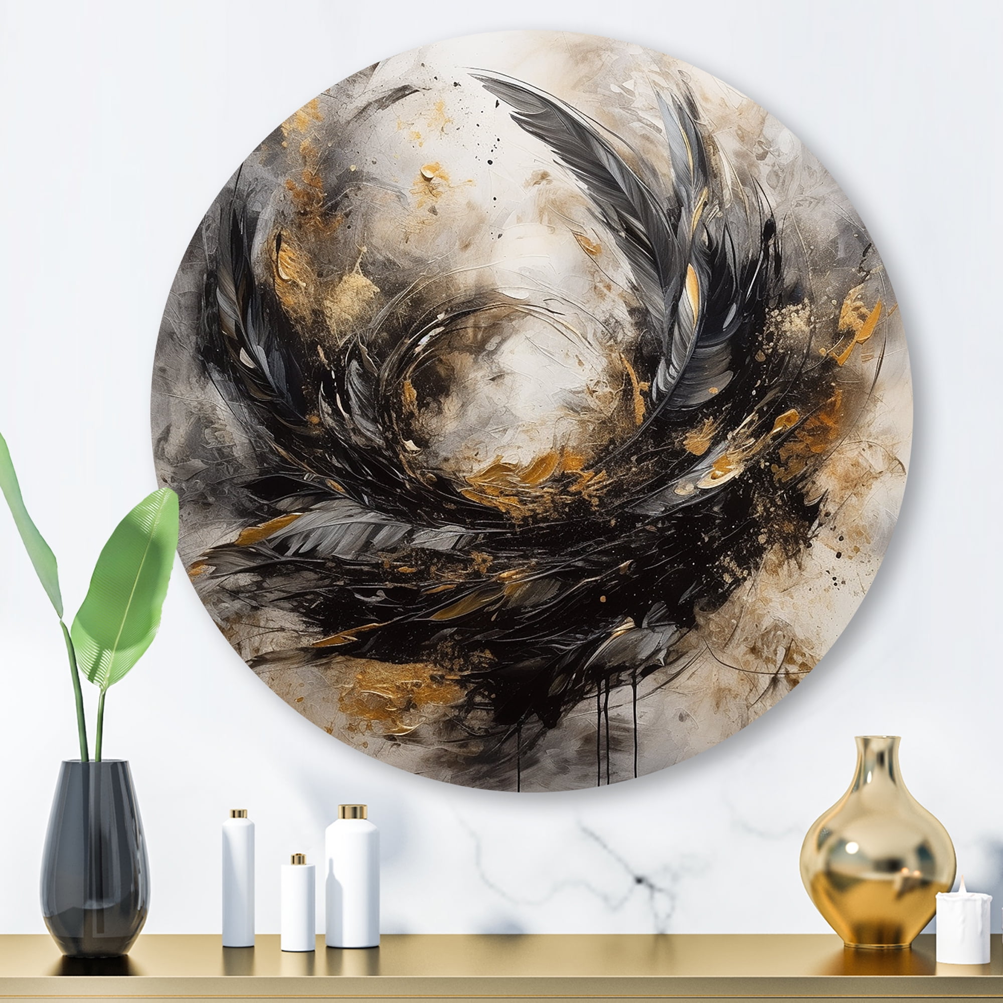 Designart "Expressions of Freedom Gold And Black II" Boho Feather Metal ...