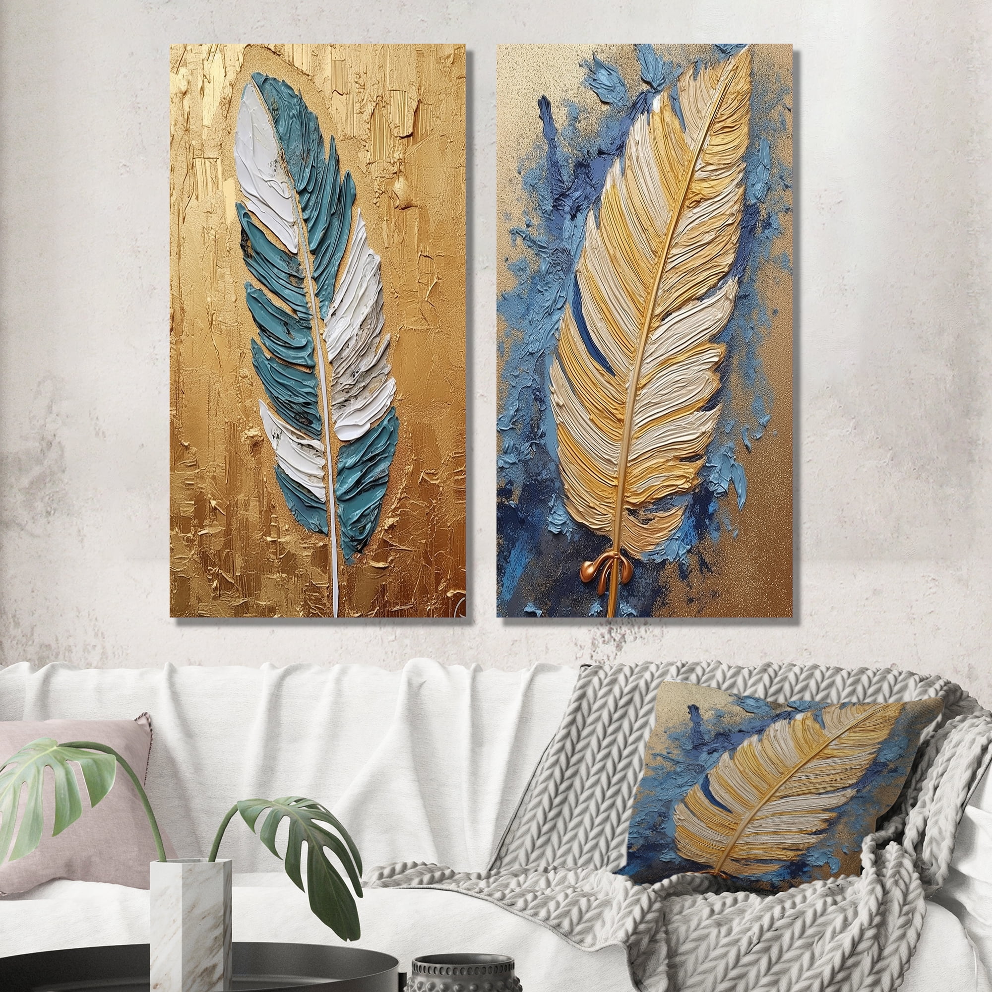 Designart "Exquisite Boho Glam Gold Feather Painting I" Feathers Wall ...