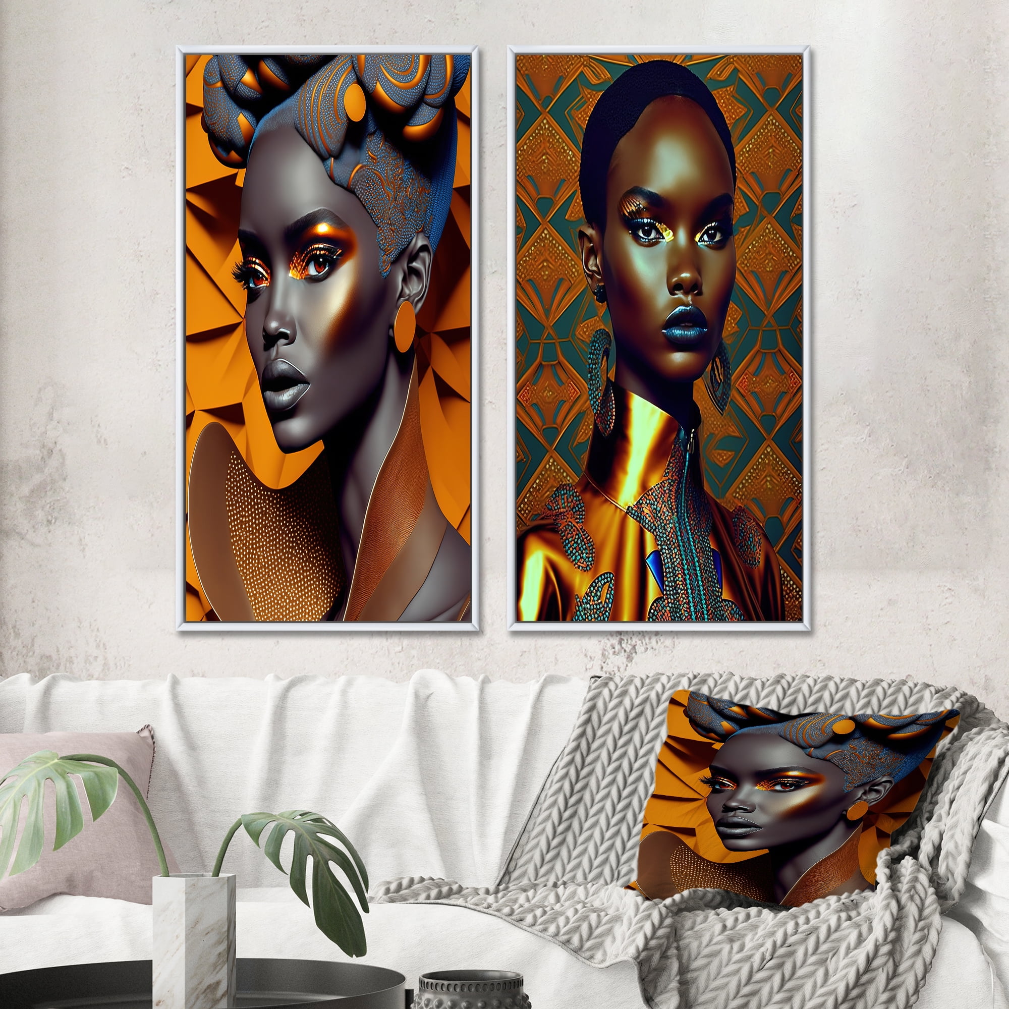 Designart "Exquisite Design of African Woman I" African American Framed Wall Art Set Of 2 - Glam ...