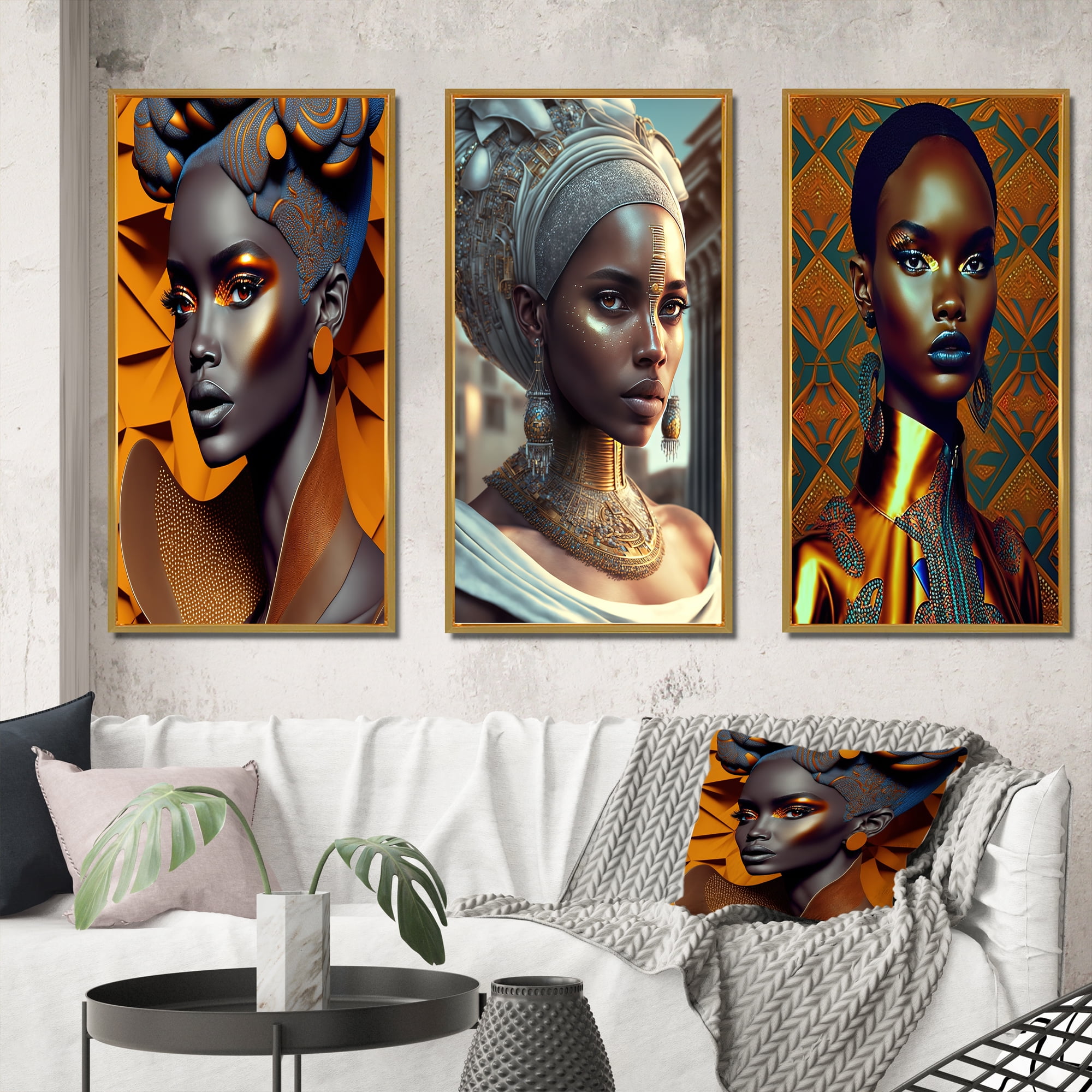 Designart "Exquisite Design of African Woman I" African American Framed Wall Art Set Of 3 ...