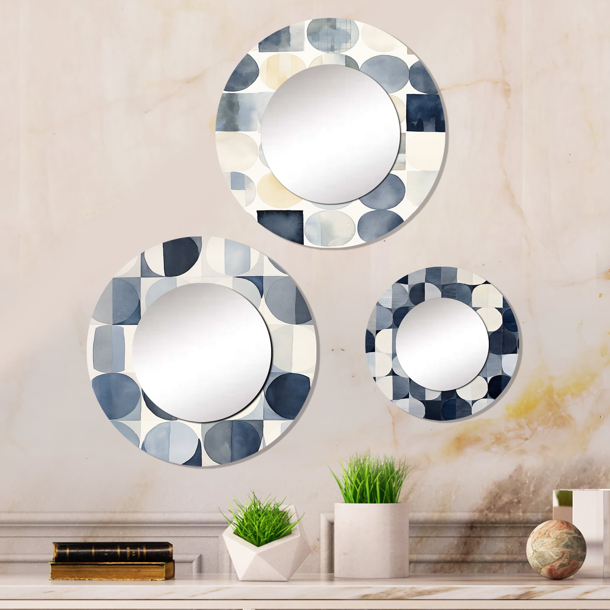 Designart "Faded Retro Blue Circle Matrix Watercolor II" Modern Round ...