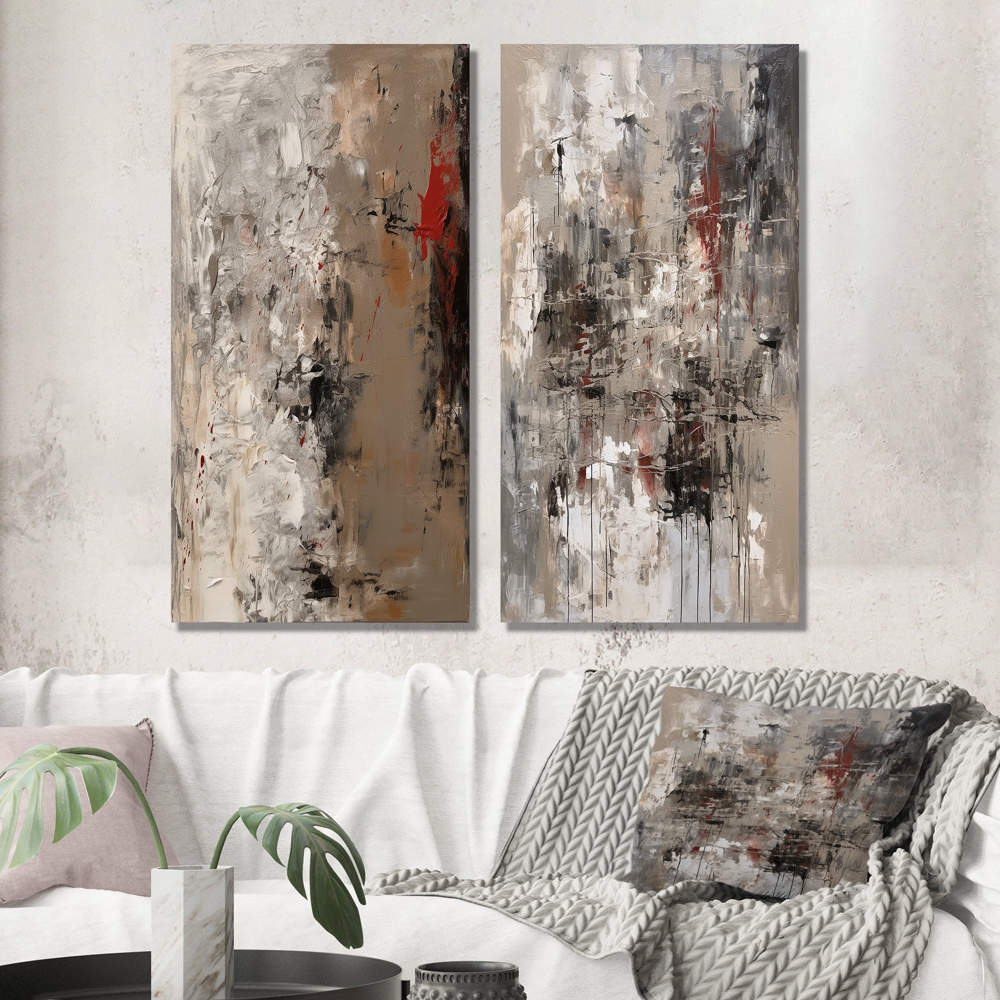 Designart "Fading Passion Retro Beige and Red Abstract II" Abstract ...