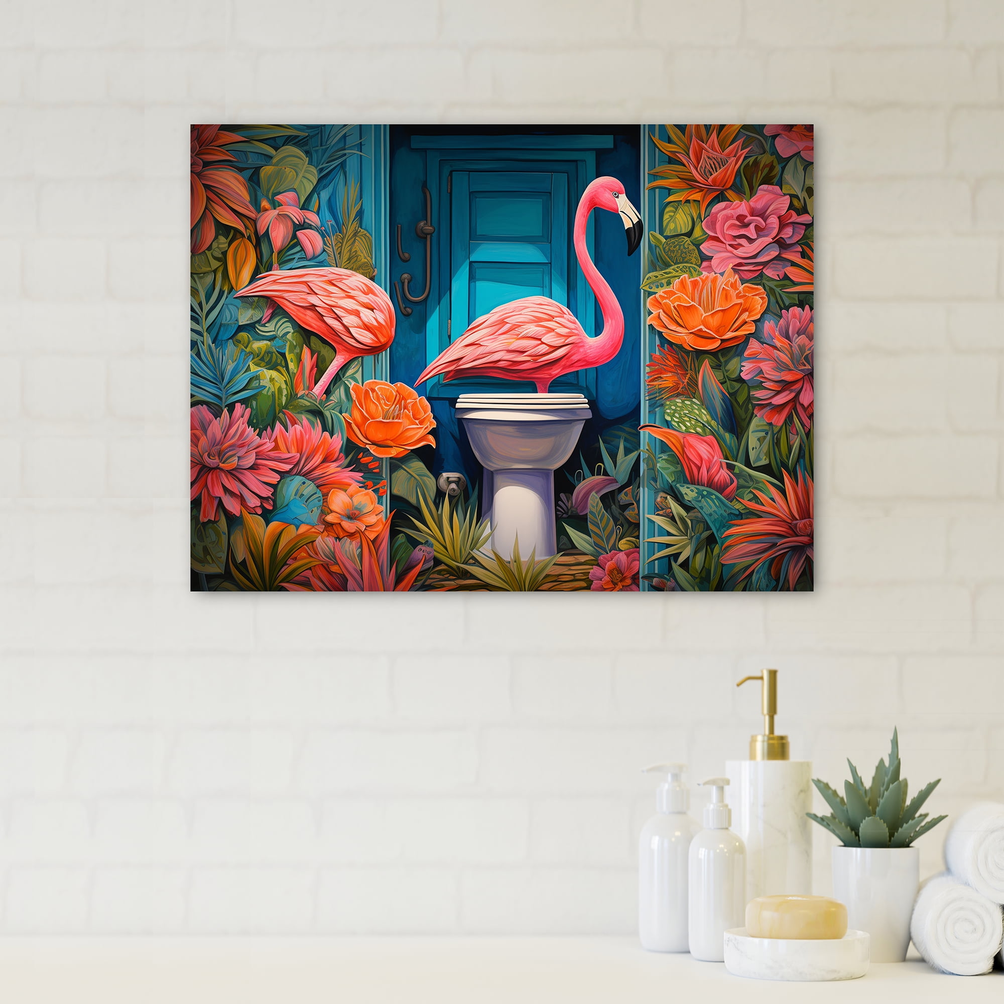 Designart "Fancy Flush Bathroom with Flamingos I" Humor Wall Art ...
