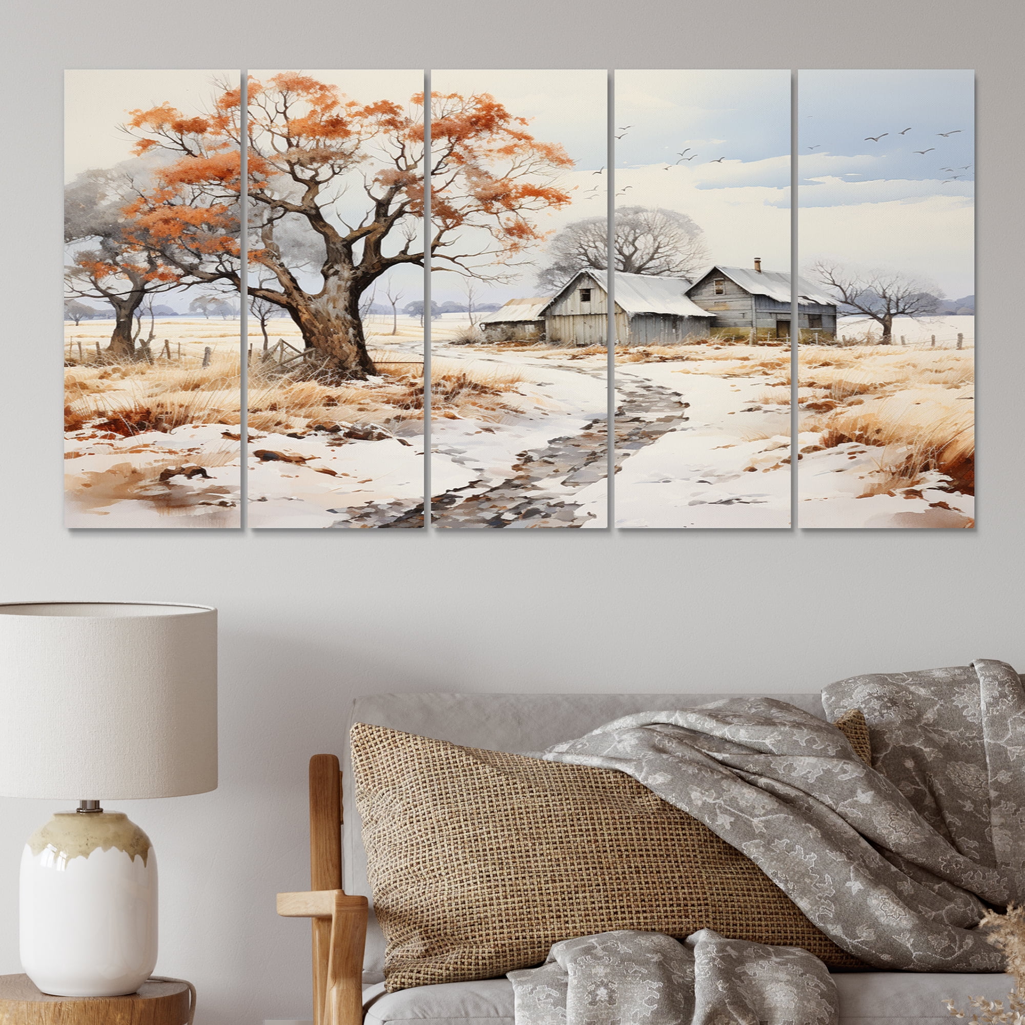 Designart "Farmhouse Farmstead Winter Painting II" Farm Art Living Room ...