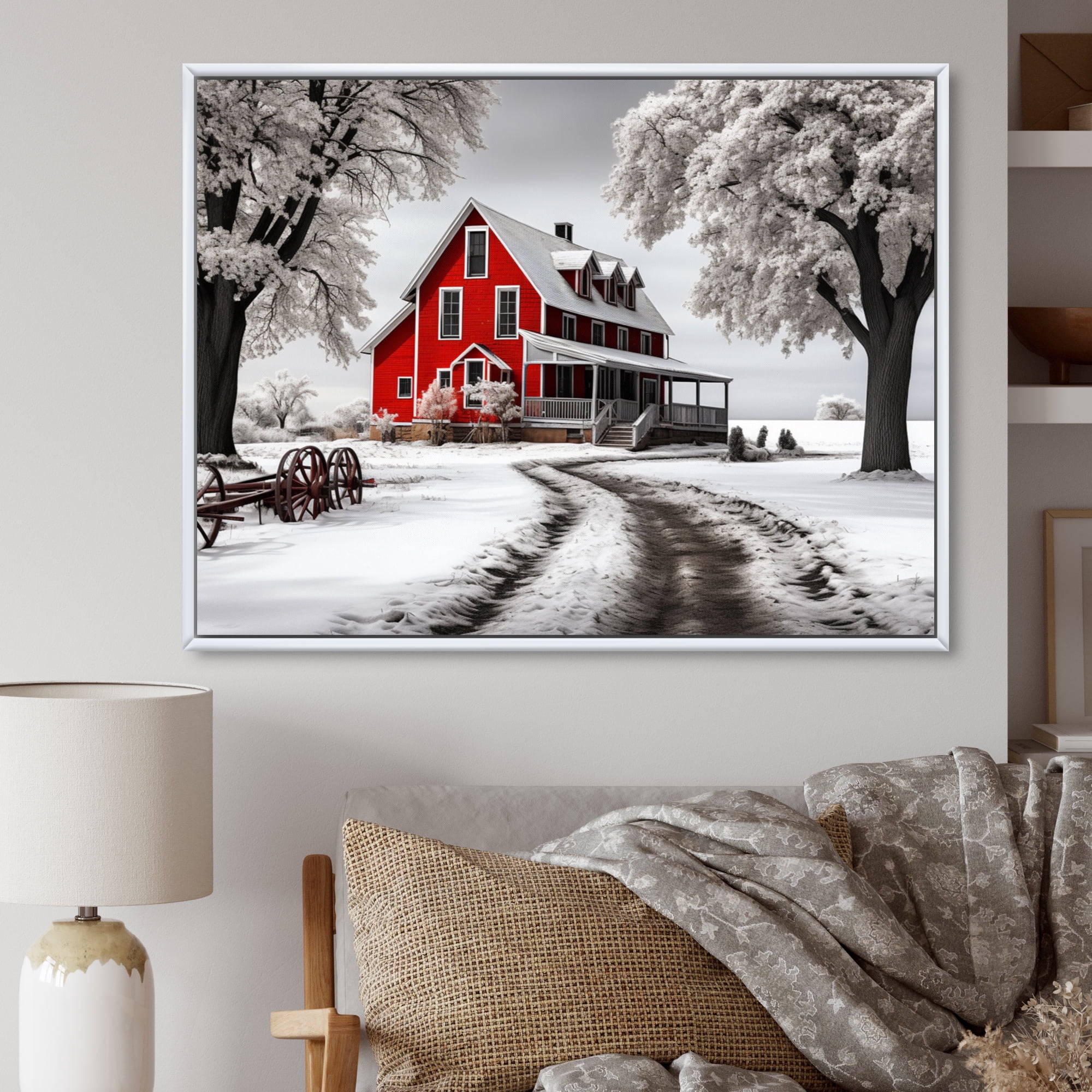 Designart "Farmhouse Traditions in Red and Grey" Farm Floater Framed ...