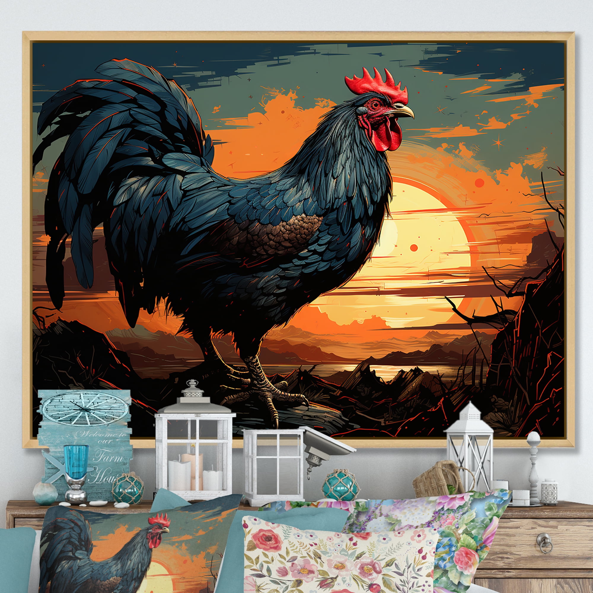 Designart "Farmyard Roosters at Sunset II" Animals Framed Wall Art ...