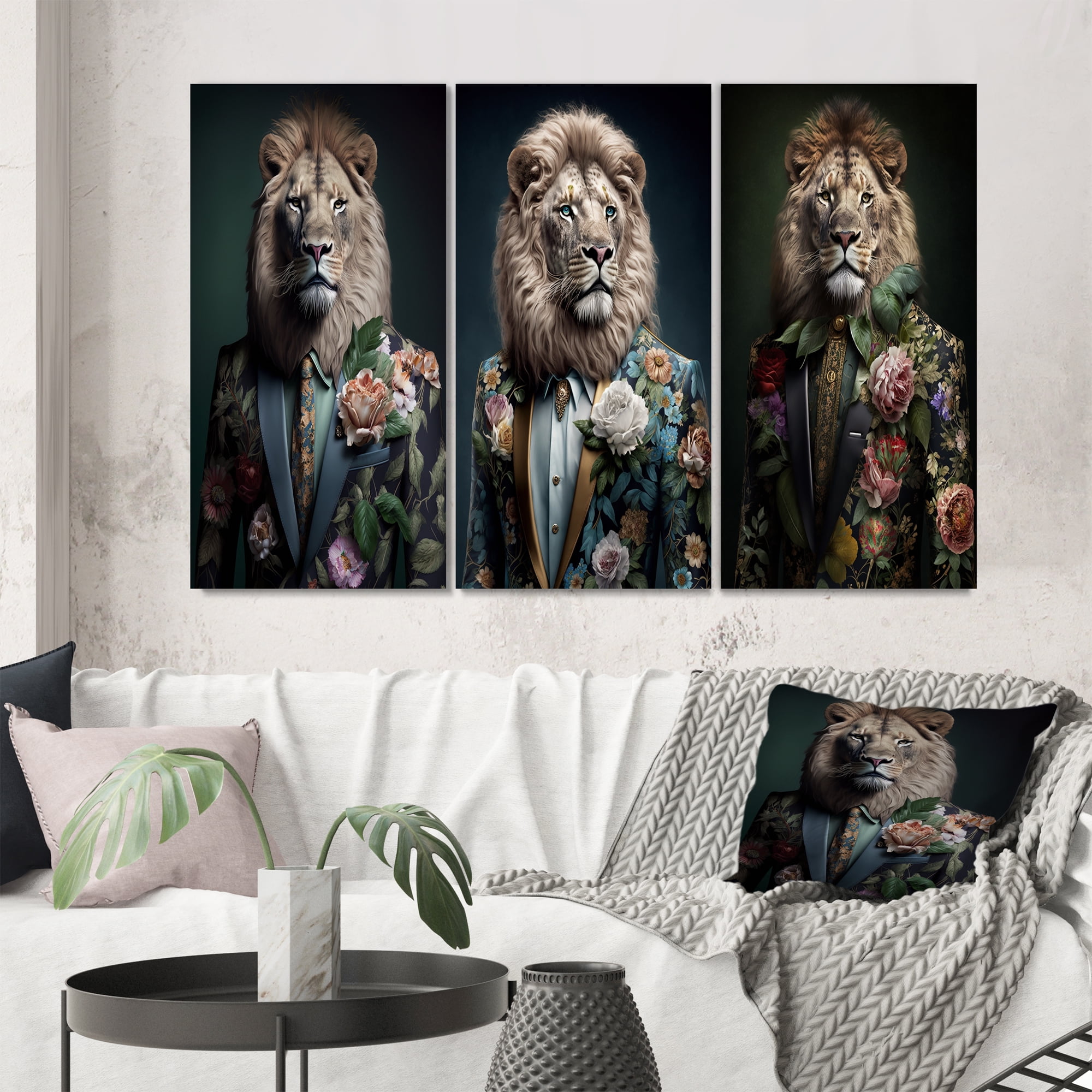 Designart "Fashion Lion with Flower Suit Glamorous II" Animals Lion ...