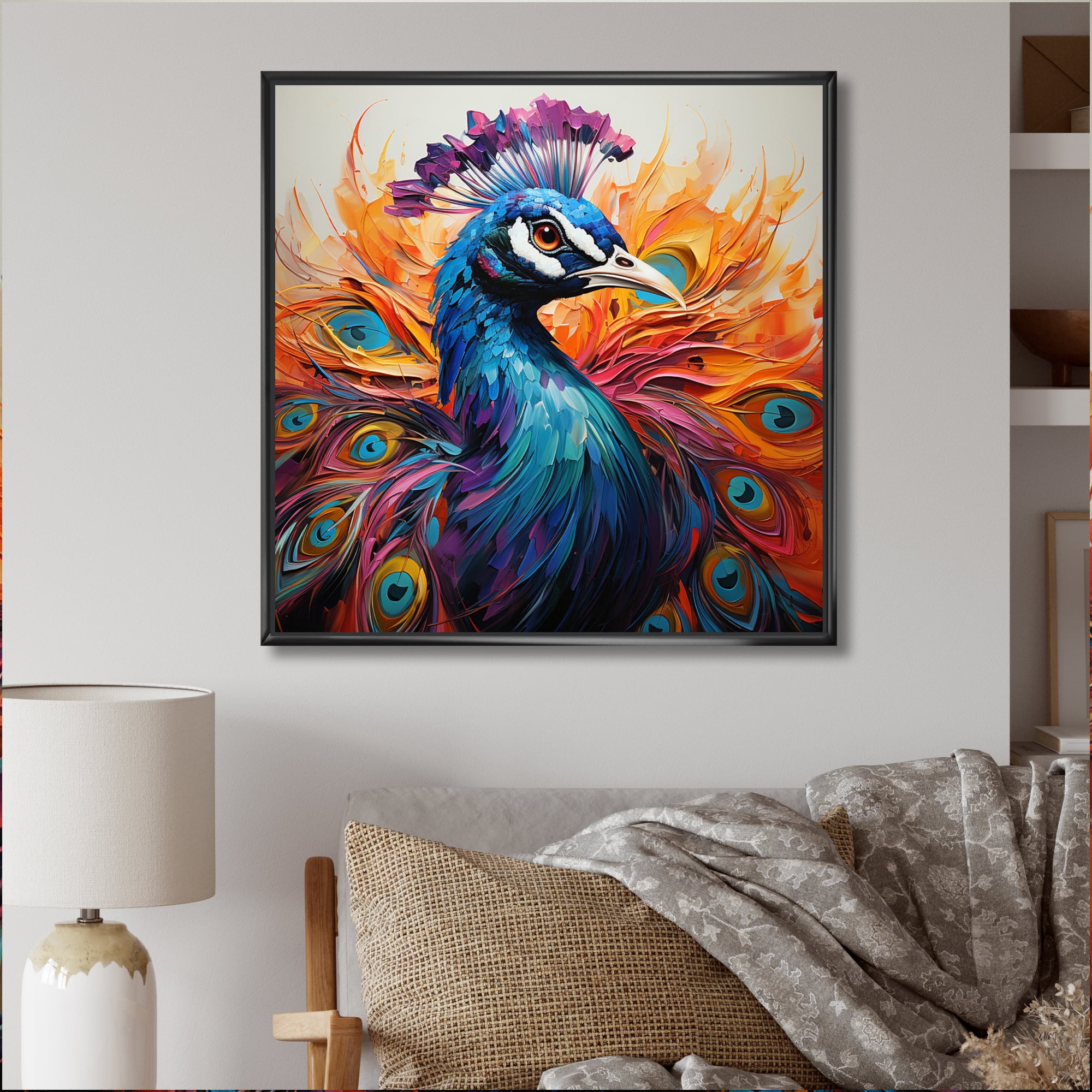 Designart "Fauvist Peacock Fauvism Red Peacock" Animals Floater Framed ...