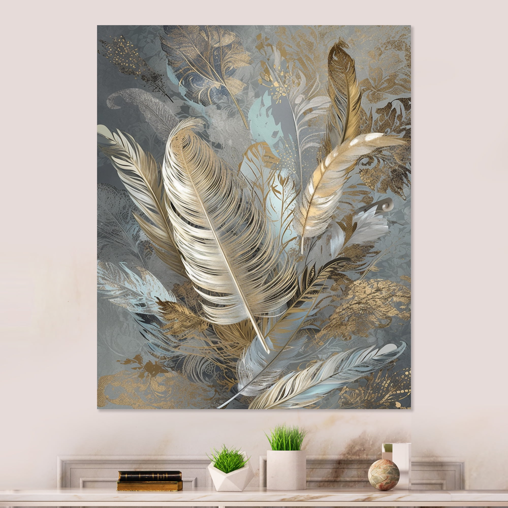 Designart "Feather Extravaganza Gold V" Glam Feather Metal Art Print ...