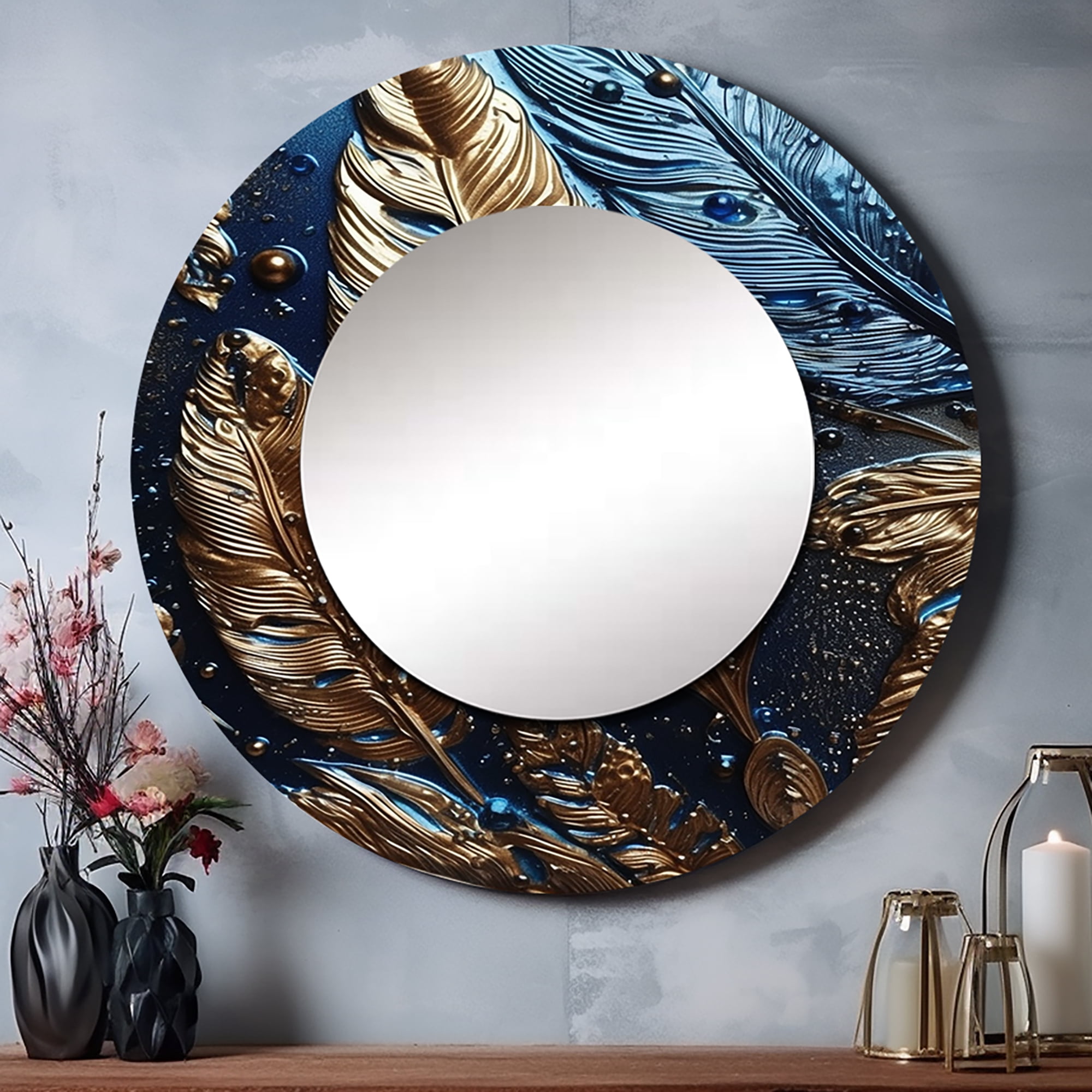 Designart "Feather Glamour Gold I" Glam Feather Rund Mirror For Wall ...