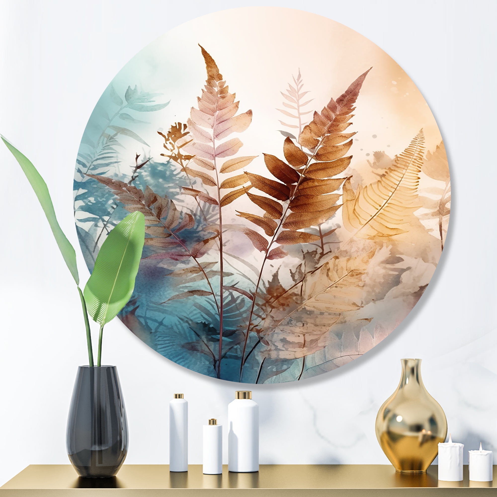 Designart "Fern Fantasia Brown I" Floral Ferns Metal Round Art Living ...