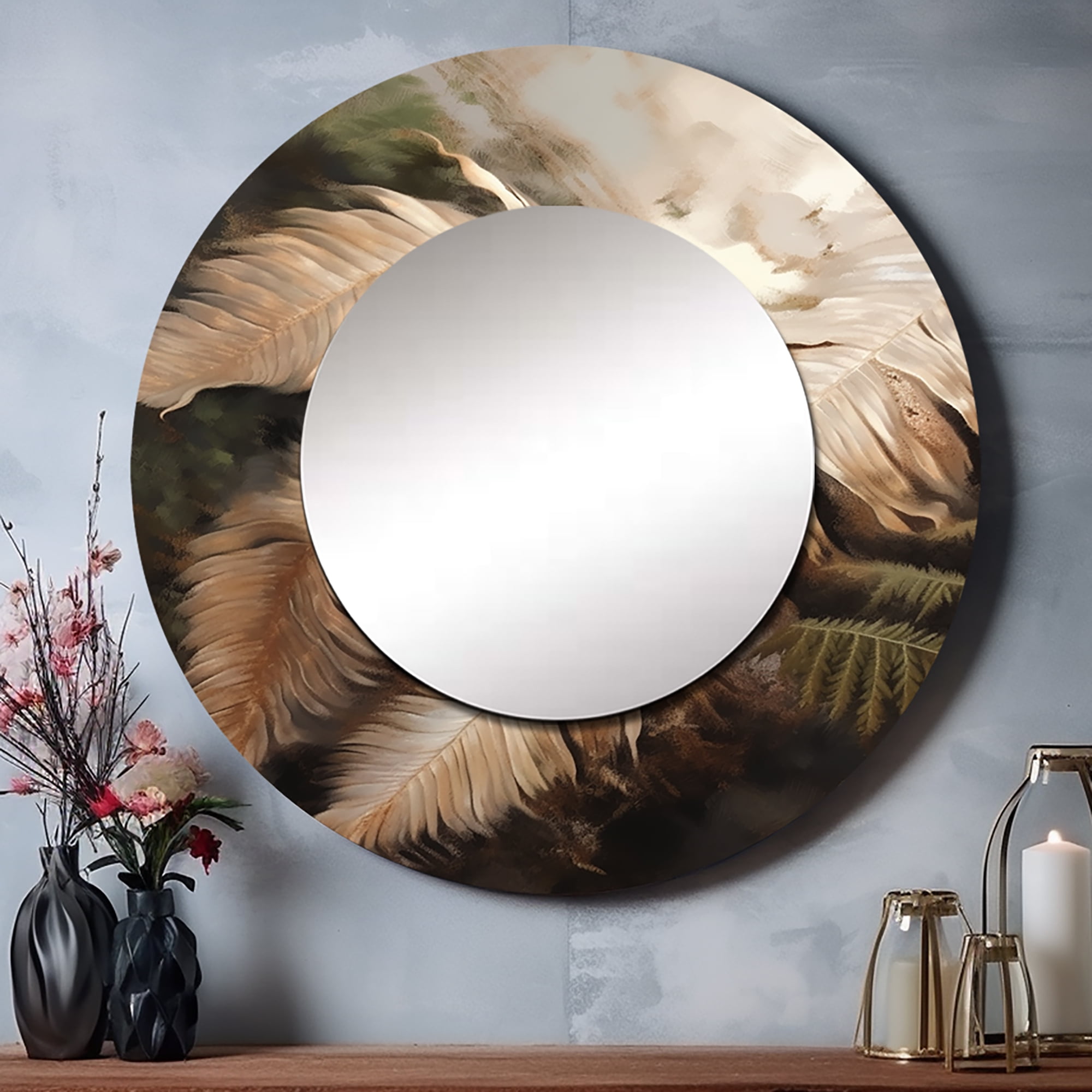 Designart "Fern Reverie Brown I" Floral Ferns Round Mirror Wall Decor ...