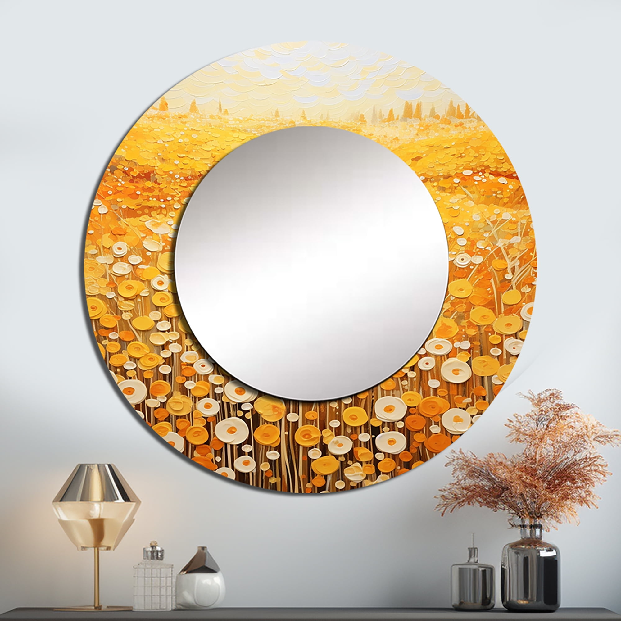 Designart "Fields Ablaze With Golden Harvest" Flower Rund Mirror For ...
