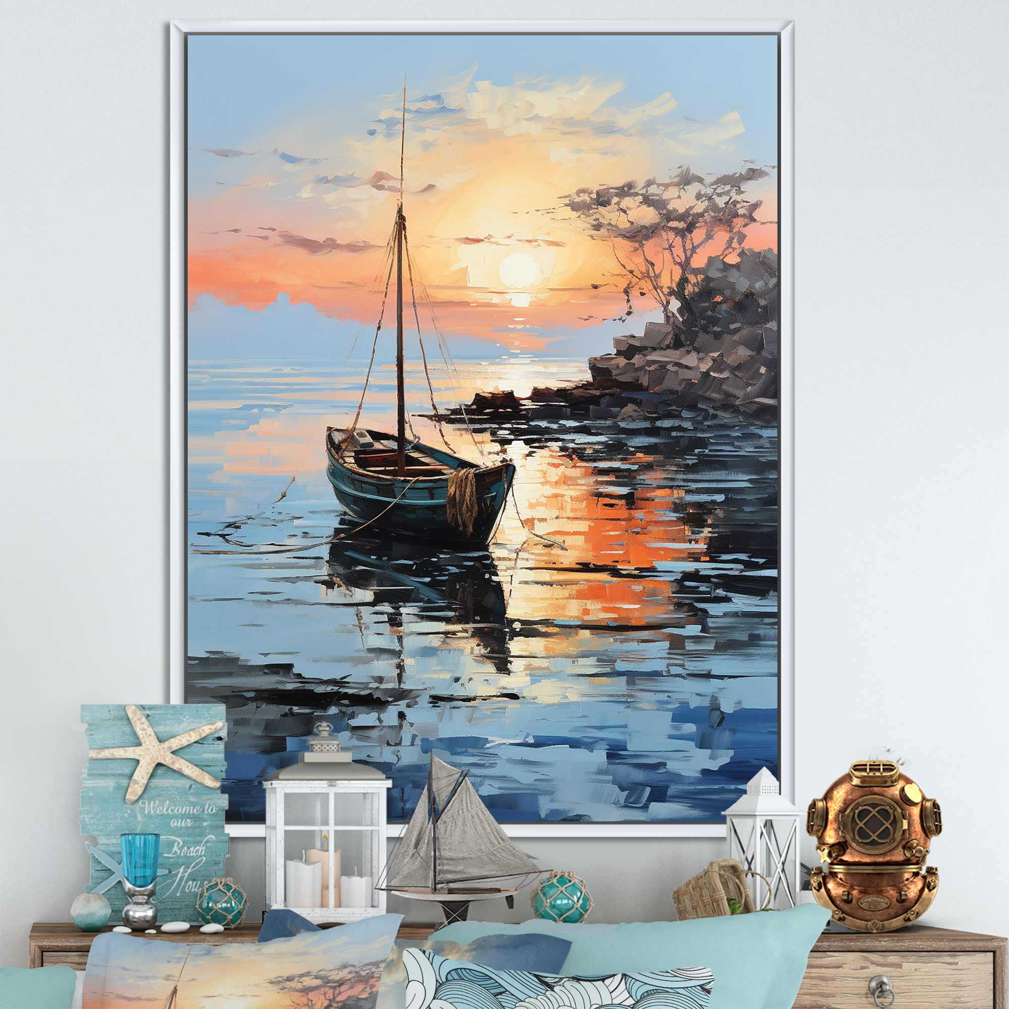 Designart "Fisher's Boat Twilight Lake Evening Serenity II" Coastal ...