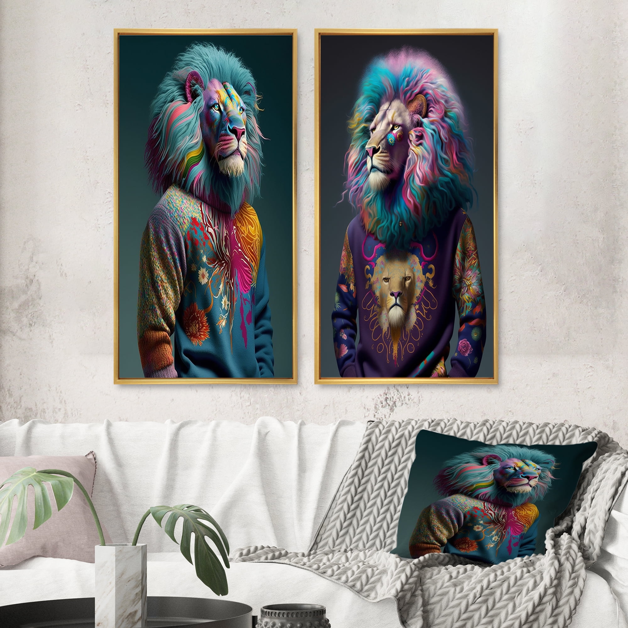 Designart "Flamboyant Sweater Cool Lion I" Animals Lion Framed Wall Art ...
