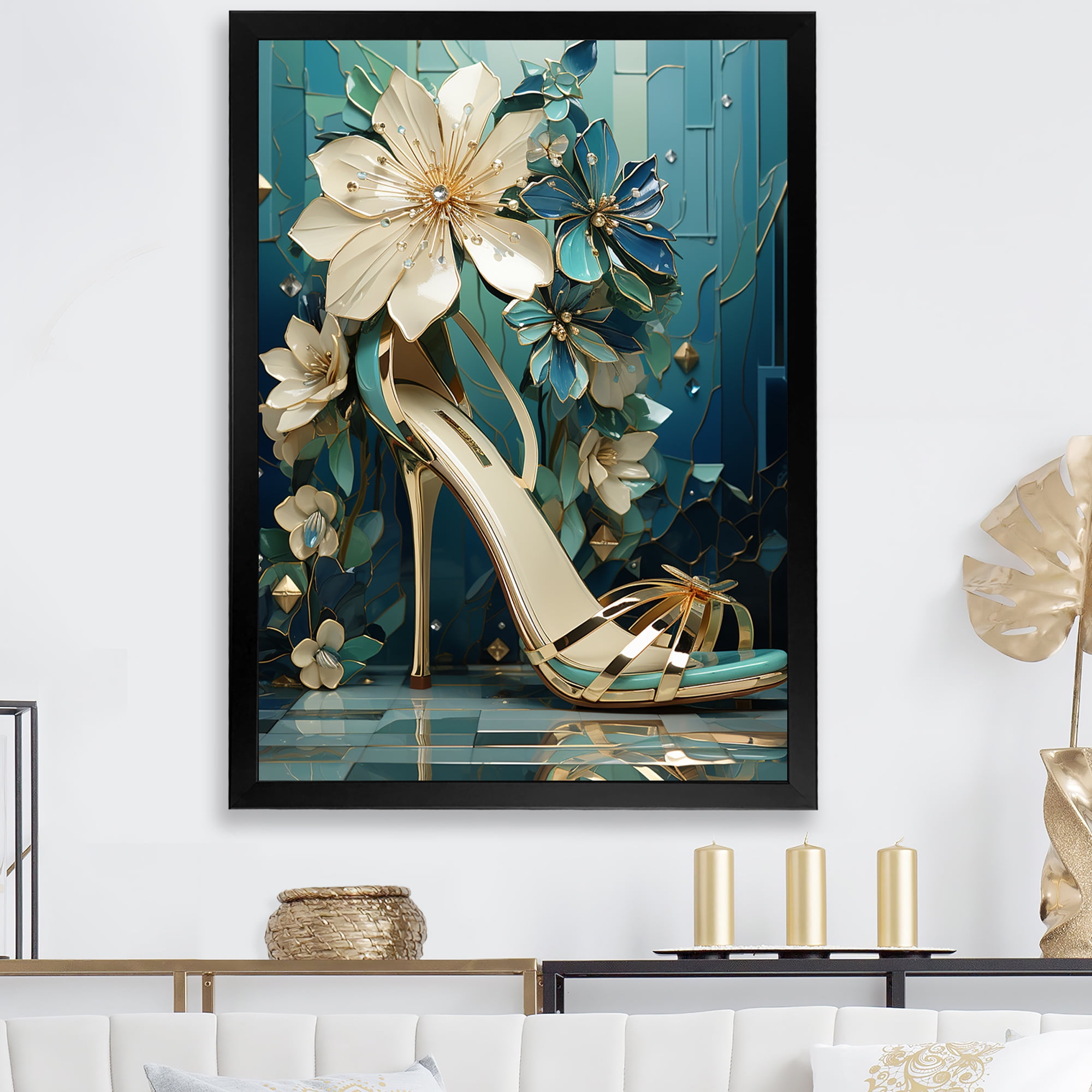 Designart "Floral Blue High Heels I" Fashion Framed Wall Art - Glam Blue Fashion High Heels ...