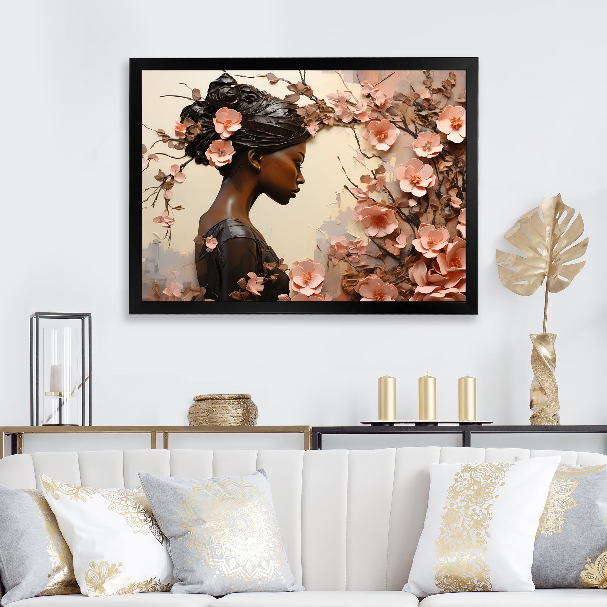 Designart "Floral Dance of African American in Gold and Pink" Fashion Framed Wall Art Decor ...