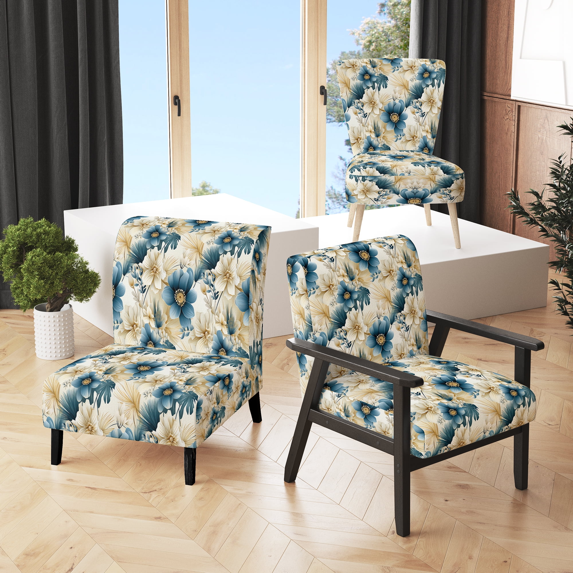 Designart "Floral Escape In Blues I" Blue Floral Upholstered Accent ...