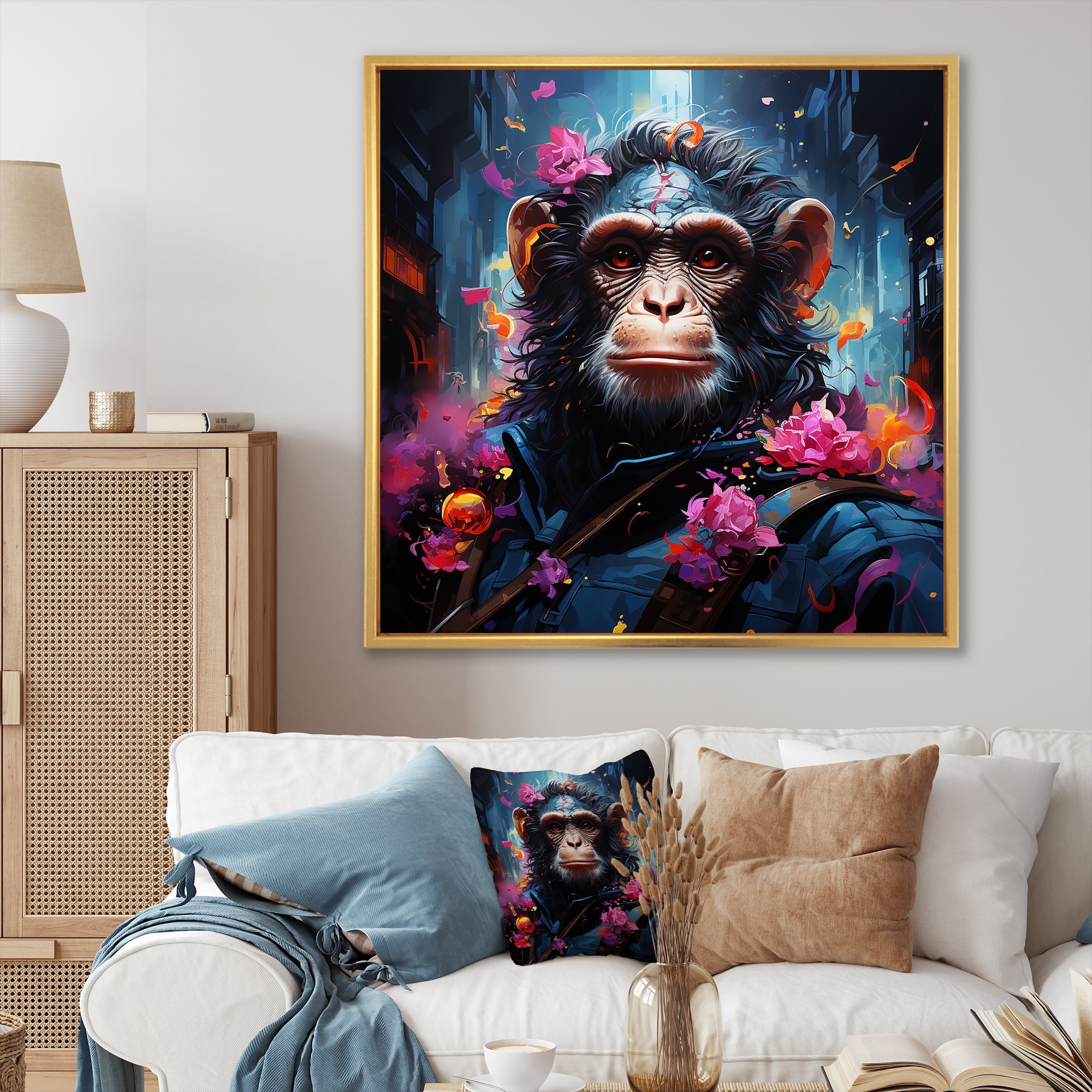 Designart "Floral Monkey Warrior Nature's Defender" Animals Framed Wall ...