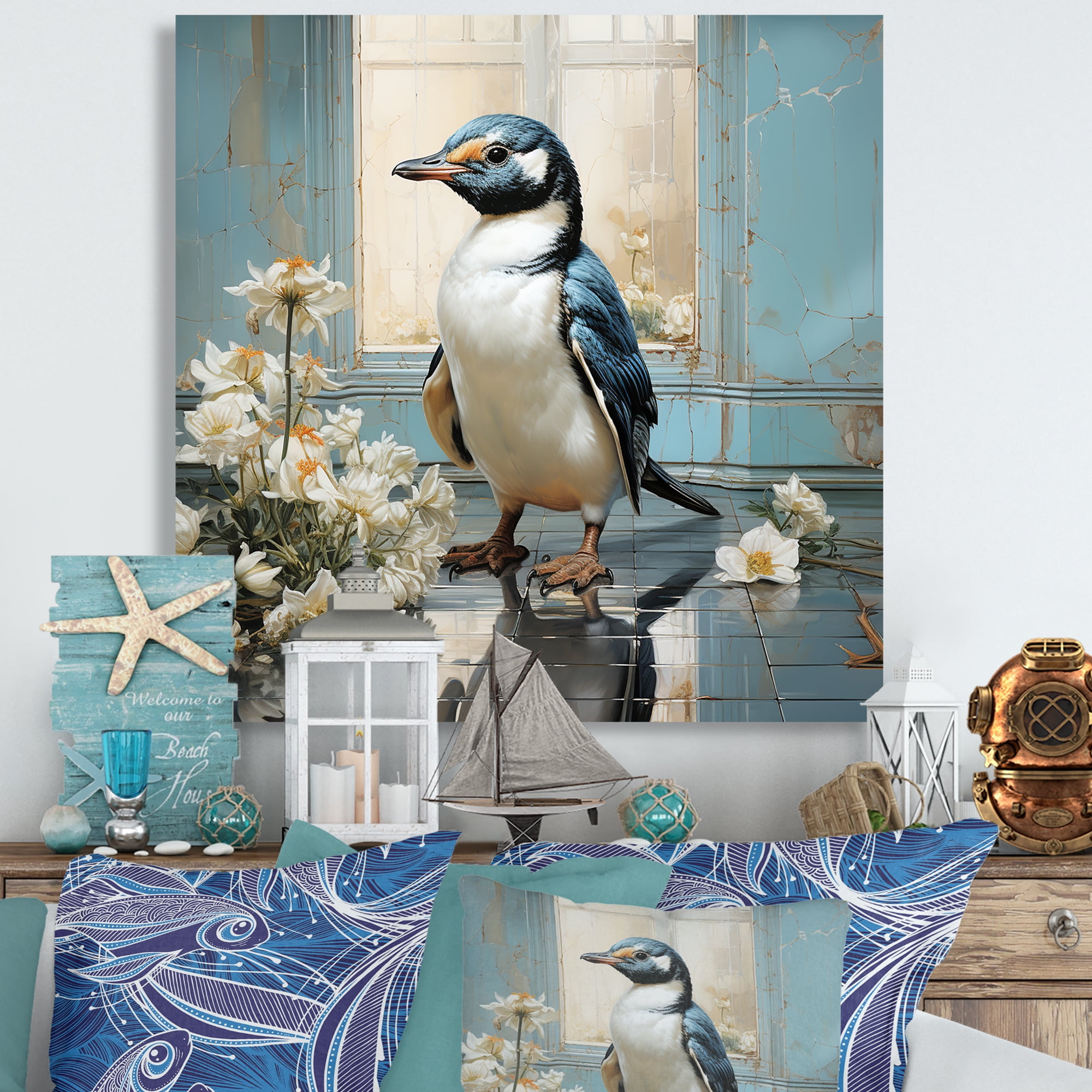 Designart "Floral Parade of White Penguins" Animals Wall Art - Modern ...