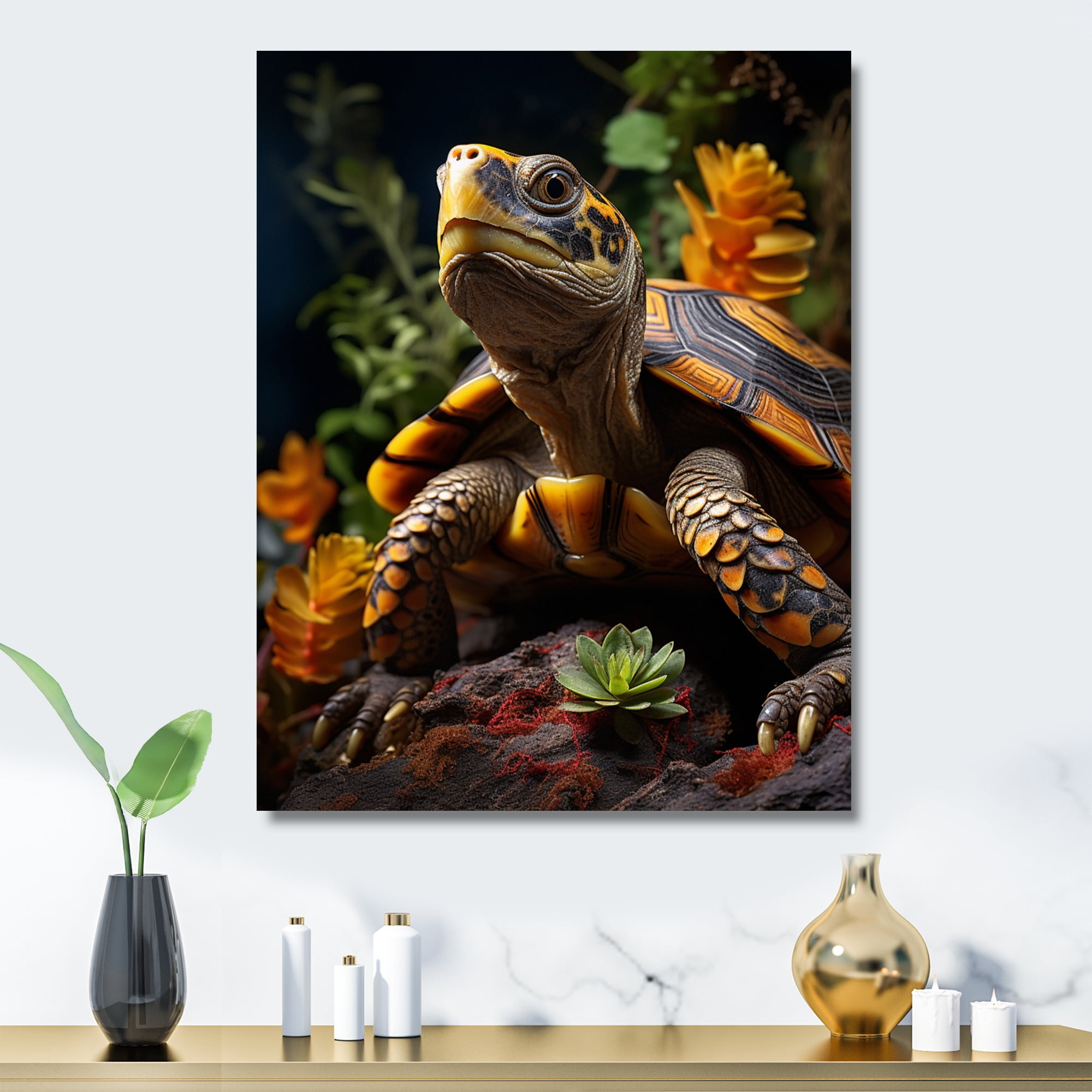 Designart "Floral Portrait Turtle I" Animals Turtle Metal Wall Art ...