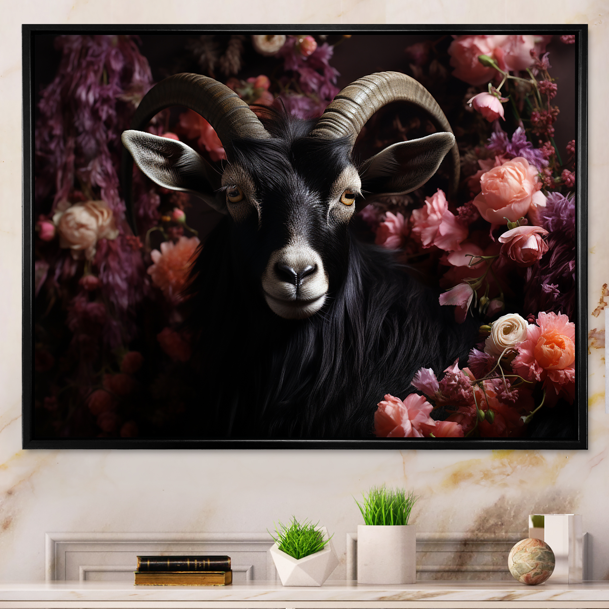 Designart "Floral Portrait of Goat in Black and Pink" Animals Framed ...