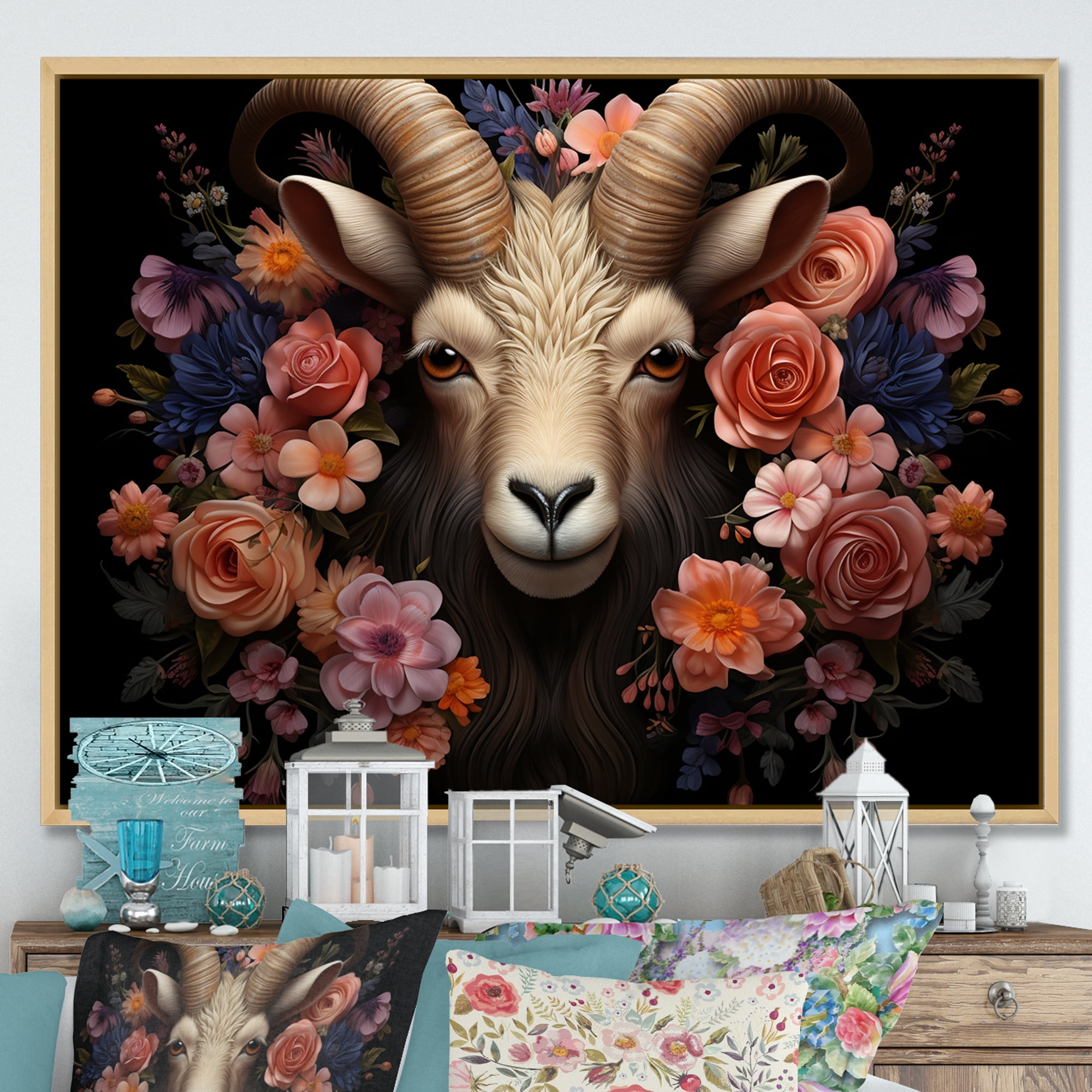 Designart "Floral Portrait of Goat in Pink and Purple" Animals Framed ...