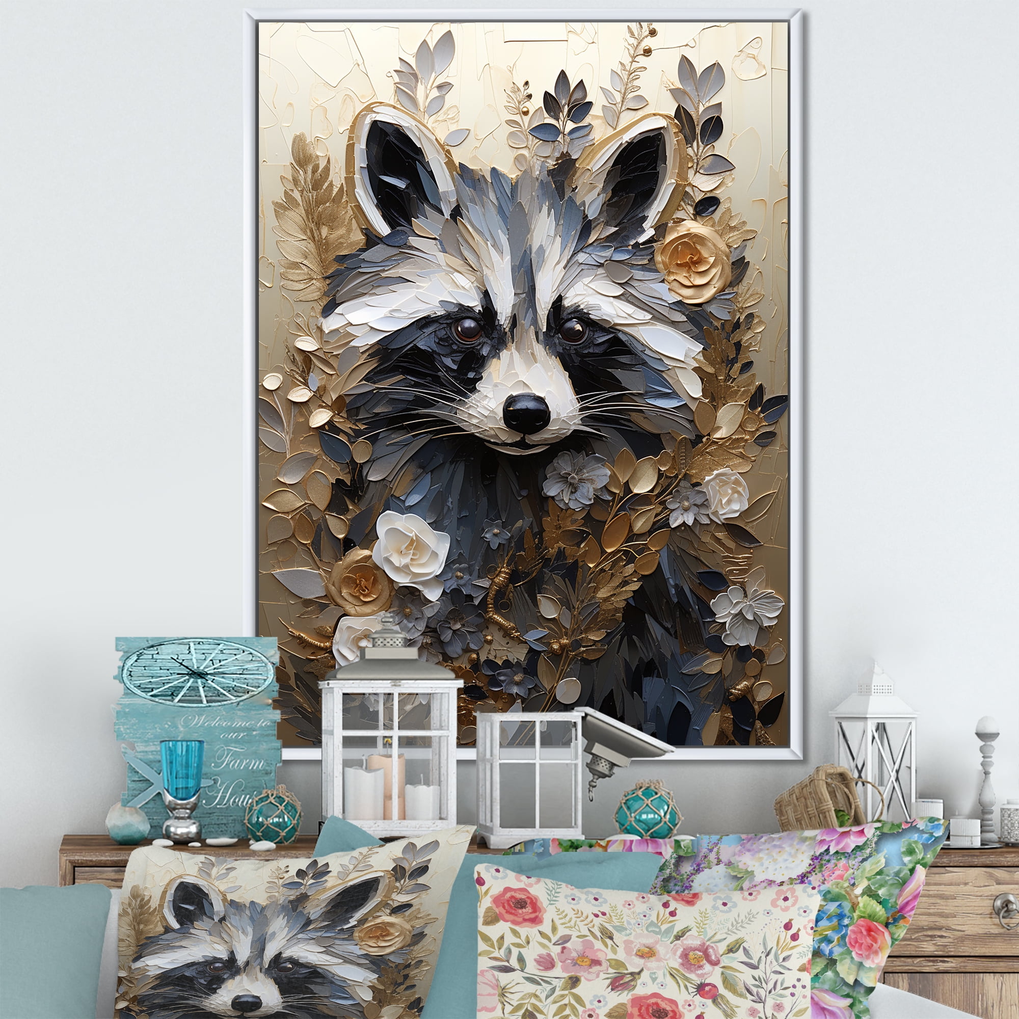 Designart "Floral Trickster" Animals Raccoon Floater Framed Wall Art ...