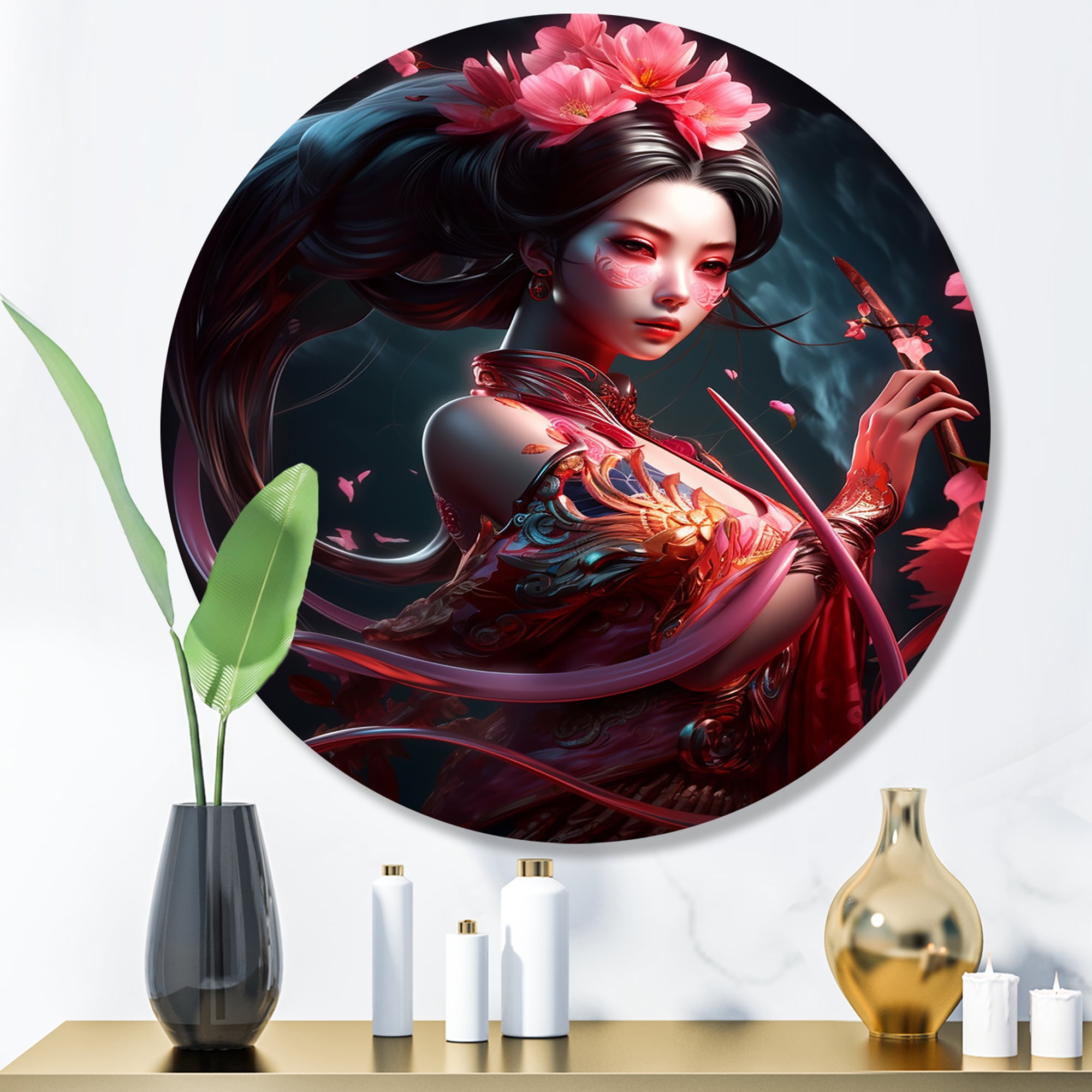 Designart "Floral Warriors Asian Elegance III" Asian Woman Metal Round ...