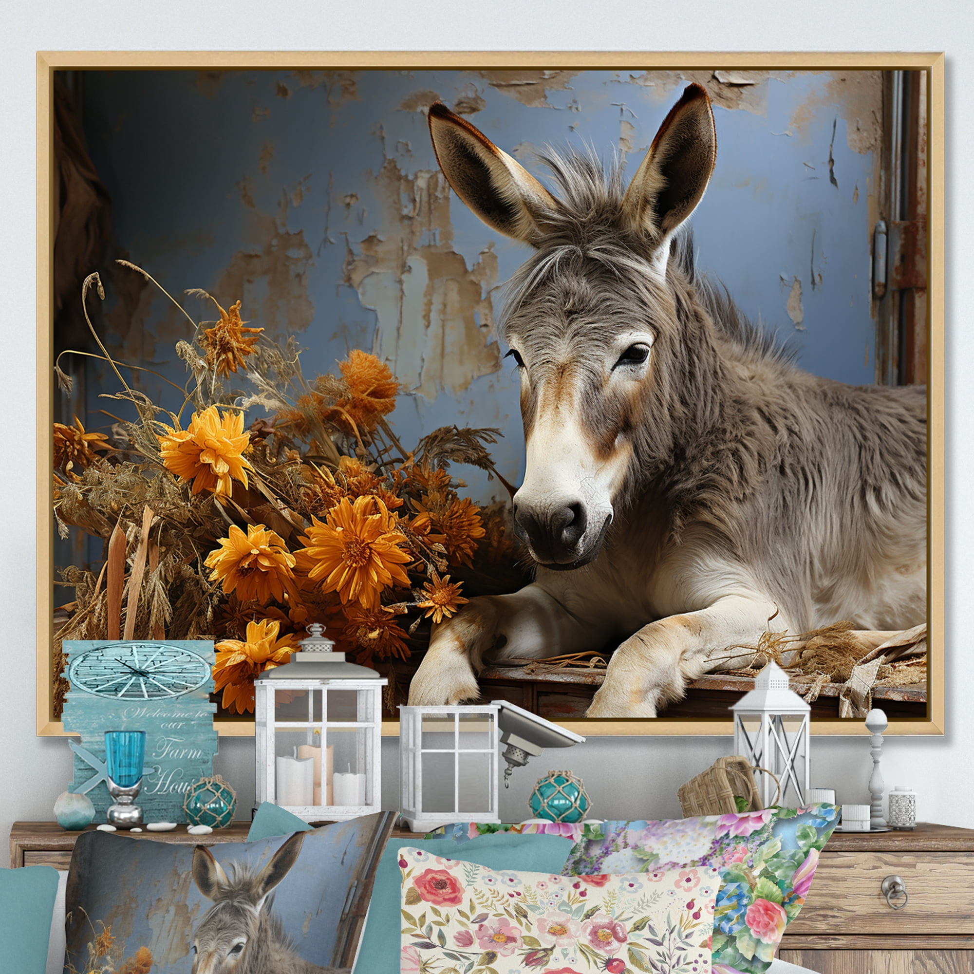 Designart "Flower Charm of Farmhouse Donkeys I" Animals Framed Wall Art ...