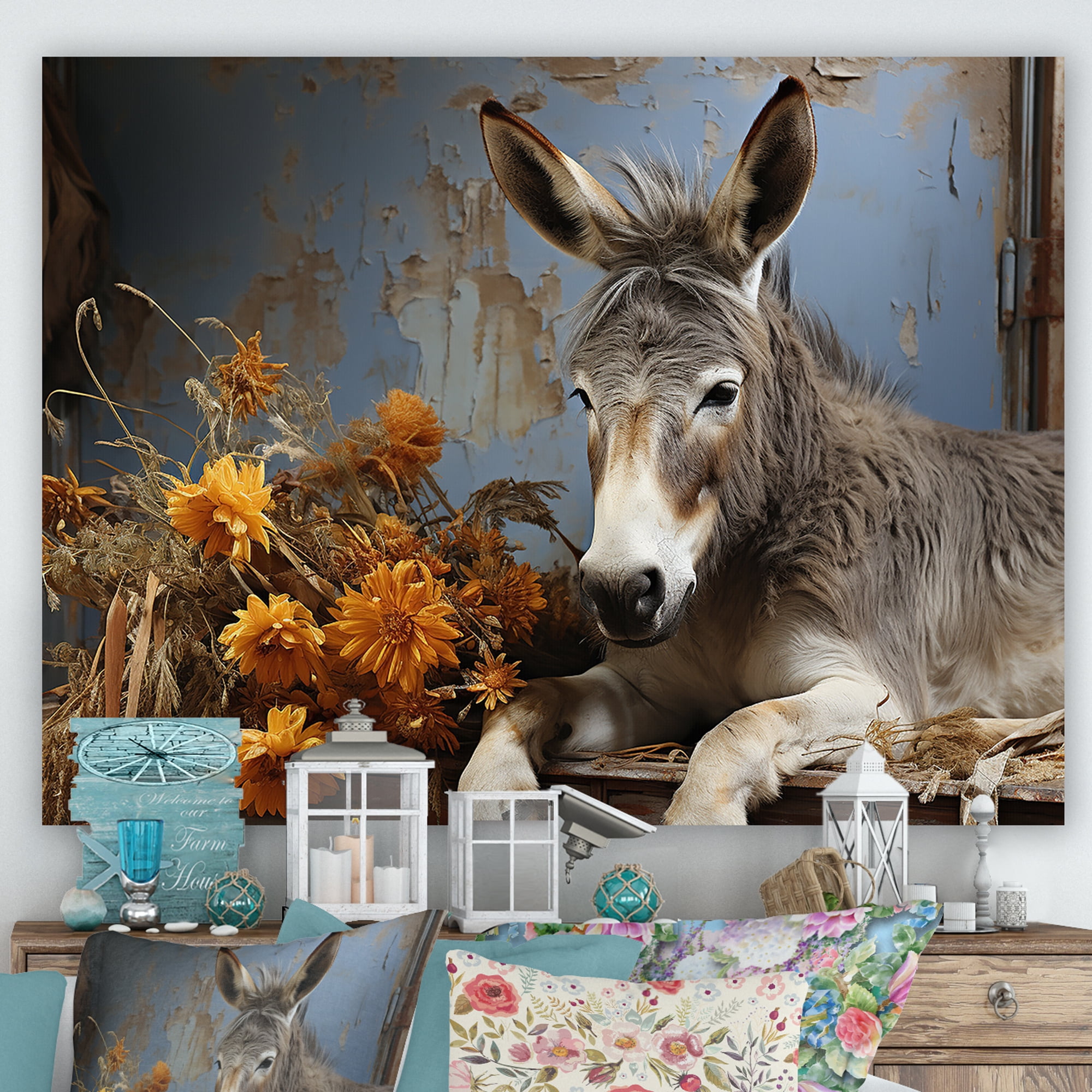 Designart "Flower Charm of Farmhouse Donkeys I" Animals Wall Art - Modern Farmhouse Grey Donkey ...